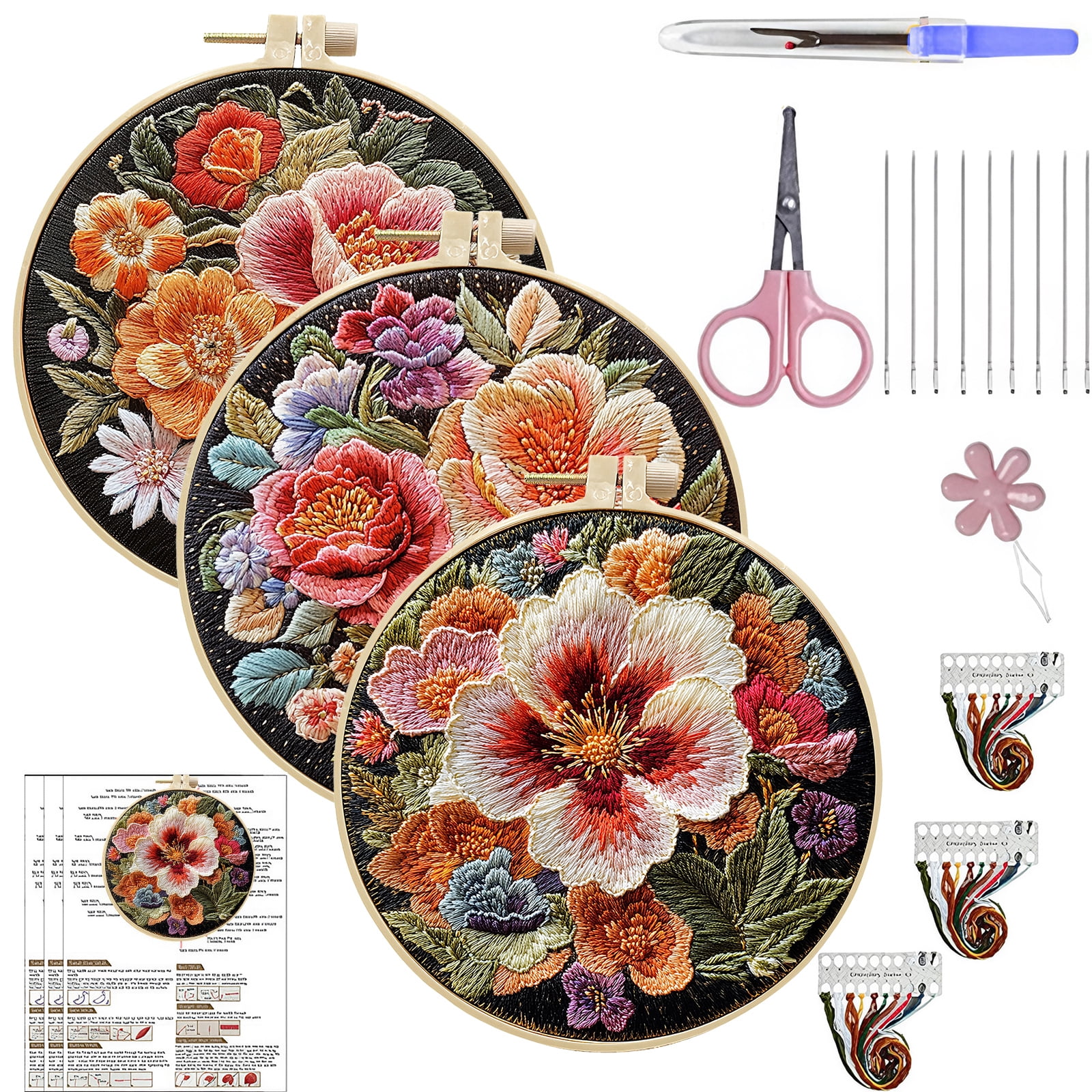 FLOPESN 3Pcs DIY 3D Colorful Flowers Pattern Hand Embroidery Kit ...