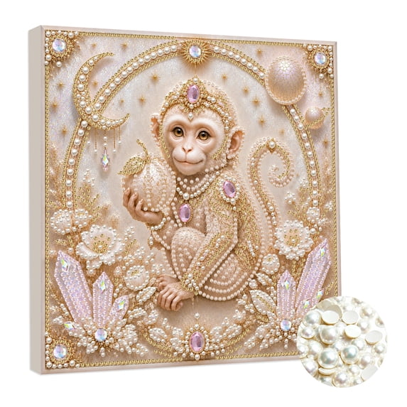 FLOPESN Monkey Chinese Zodiac Pearl Diamond Framed Art, 9.8x9.8in Wall ...
