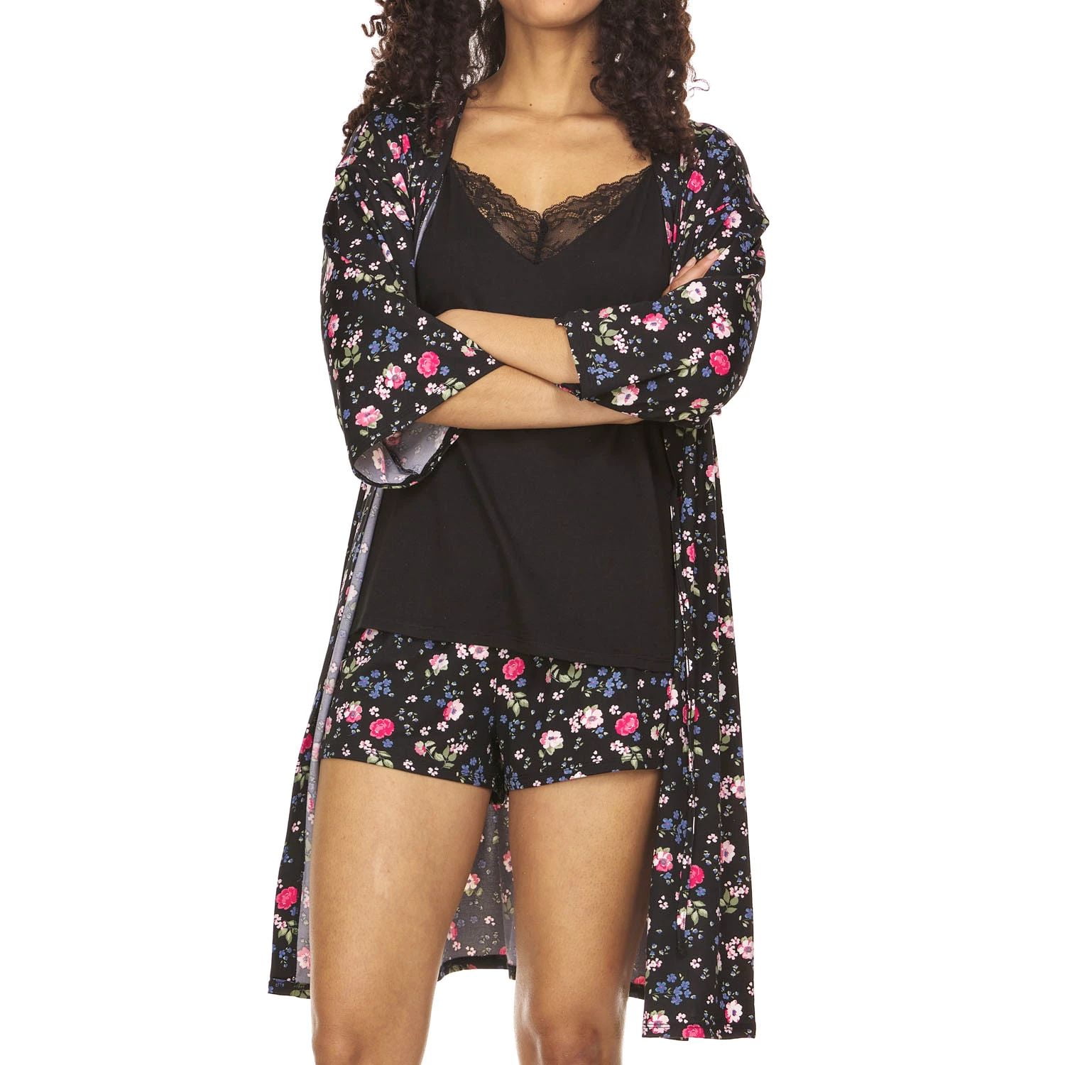 FLORA Ladies 3-Piece Robe Pj Set In Mindy Black, L - Walmart.com