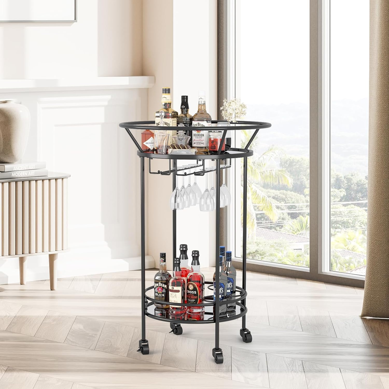 FLORA Round Black Rolling Bar Cart Wine Rack and Lockable Casters,2 ...