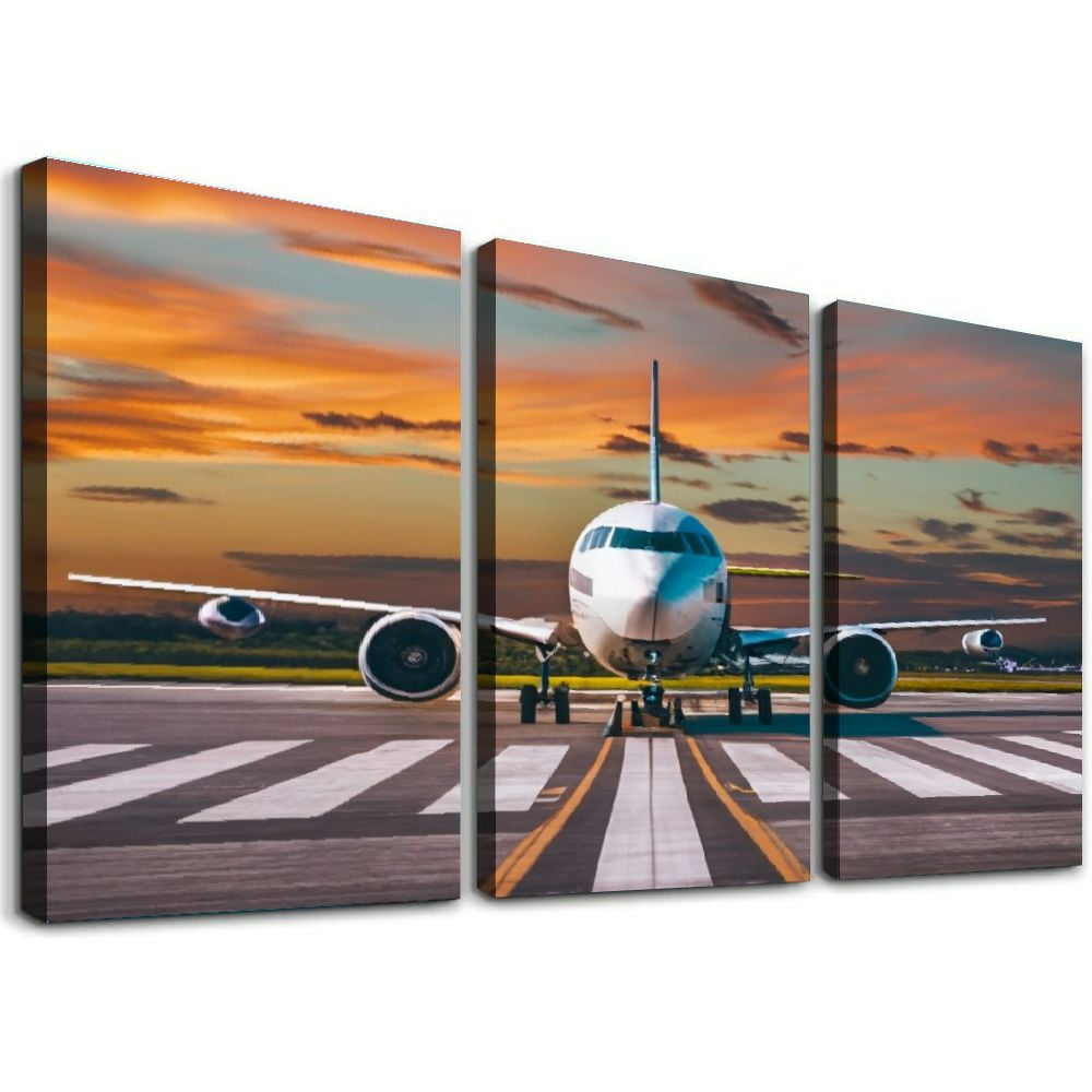 FLORID Airplane Canvas Wall Art Decor Aircraft Flying over Runway Along ...