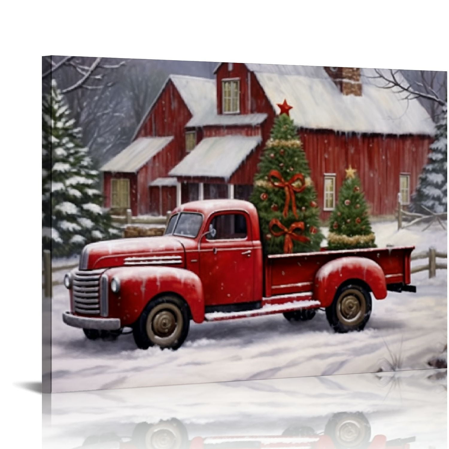 FLORID Christmas Tree and Old-Fashioned Red Pick-Up Truck Winter Scene ...
