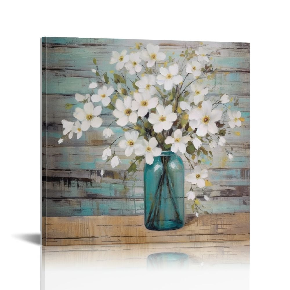 FLORID Country Style Canvas Wall Art Teal Blue Mason Bottle White ...