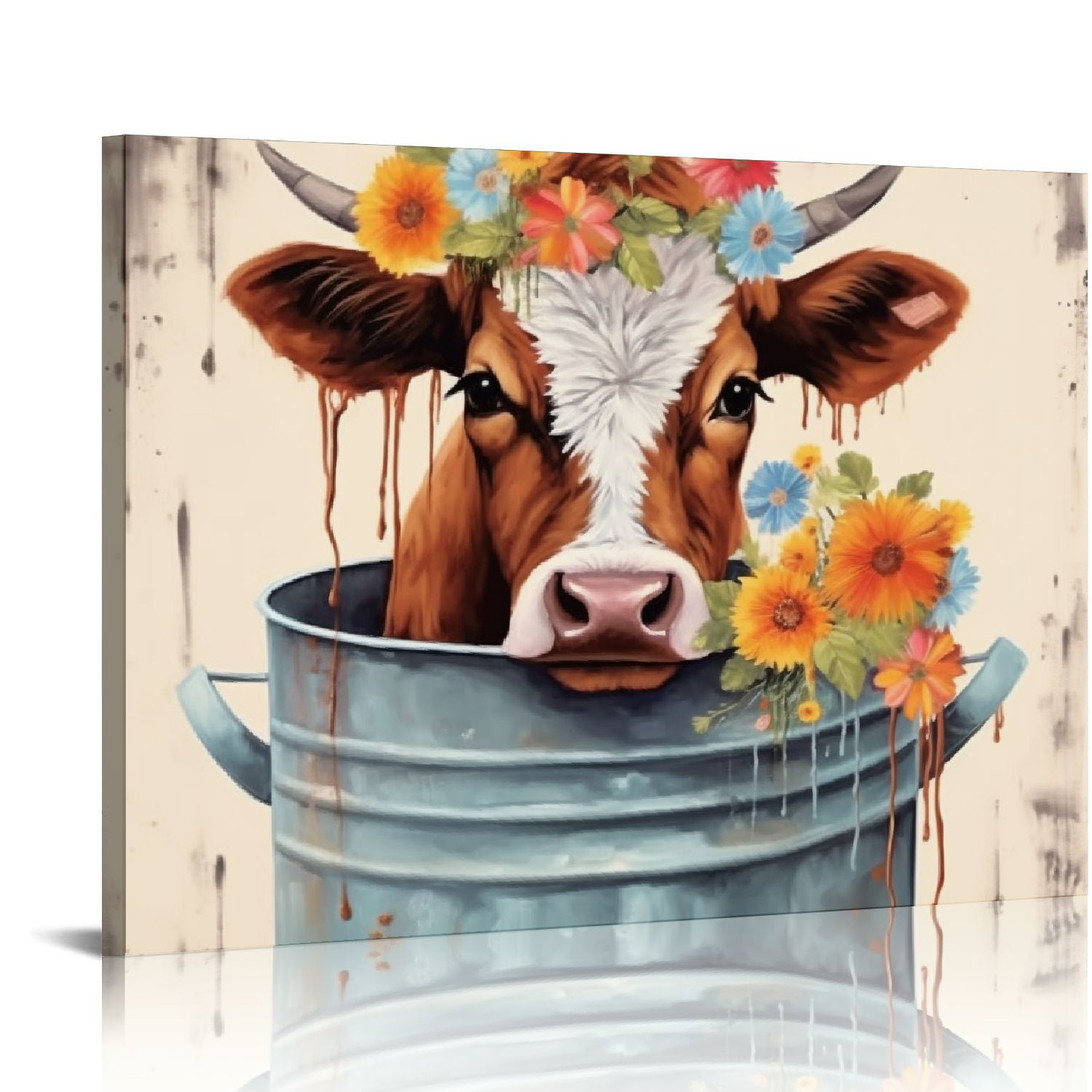 FLORID Cute Cow Canvas Prints Wall Art Baby Cattle with Flower in ...