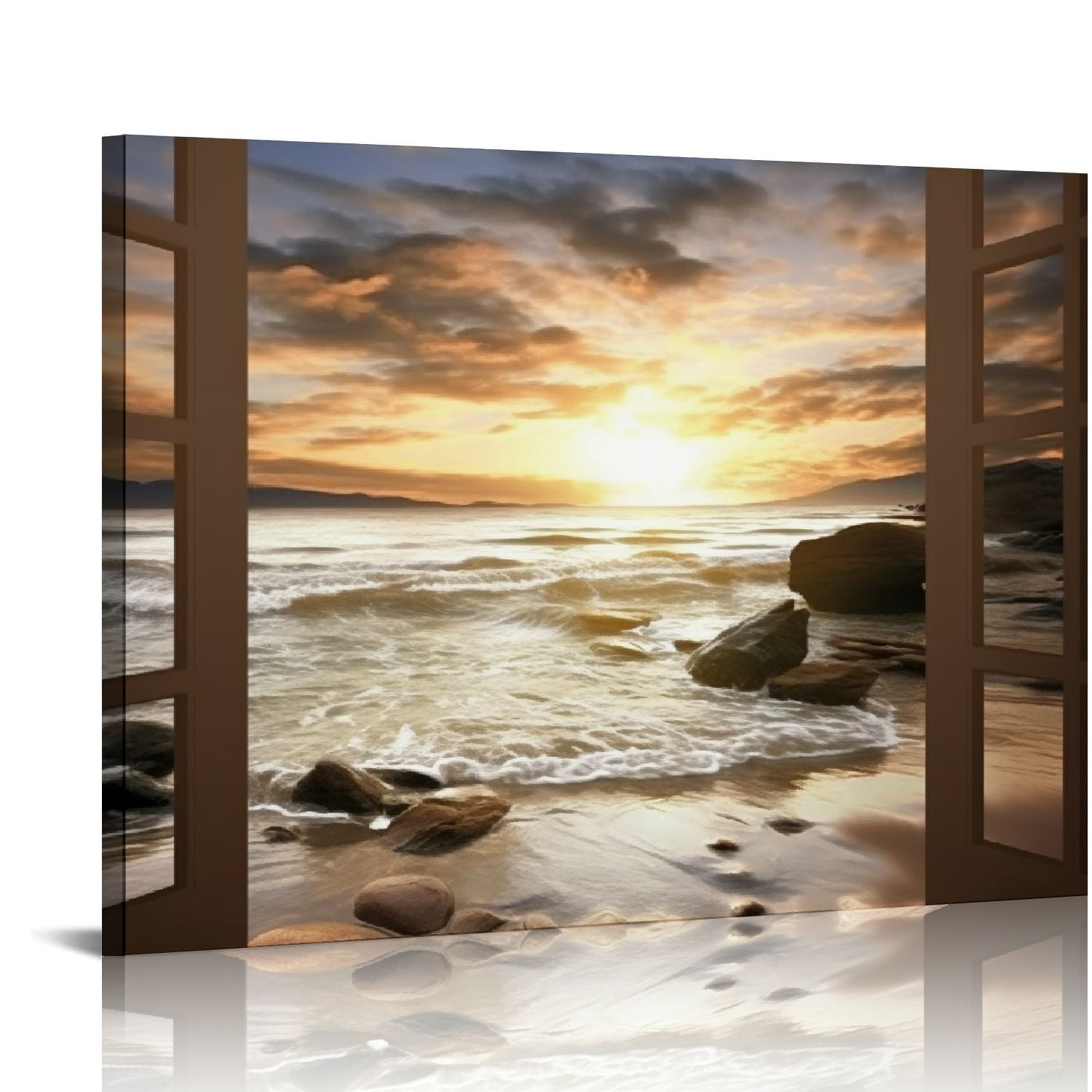 FLORID Fake Window Canvas Wall Art: Open Window View Rocky Beach with ...