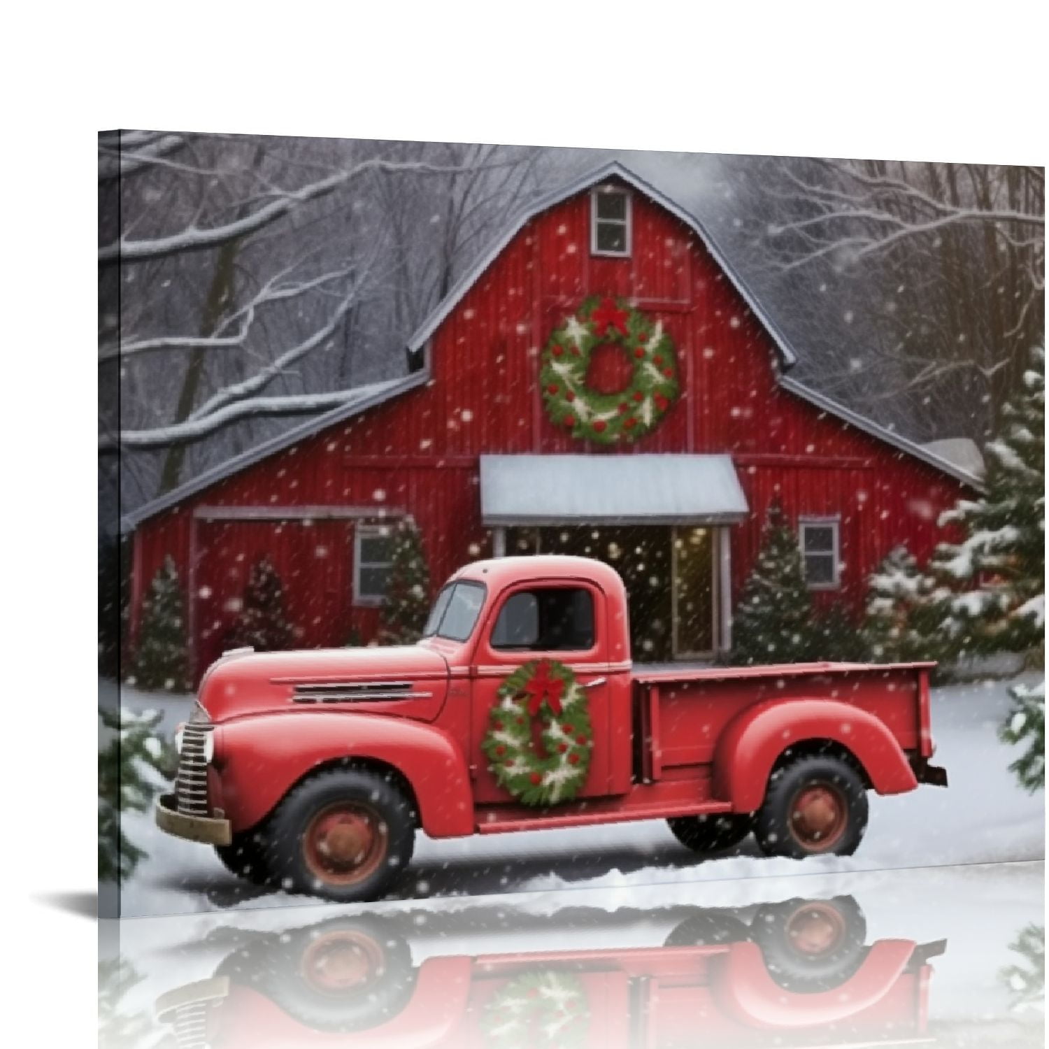 FLORID Red Pickup Truck On Snowy Road Near Christmas Barn Poster Canvas ...