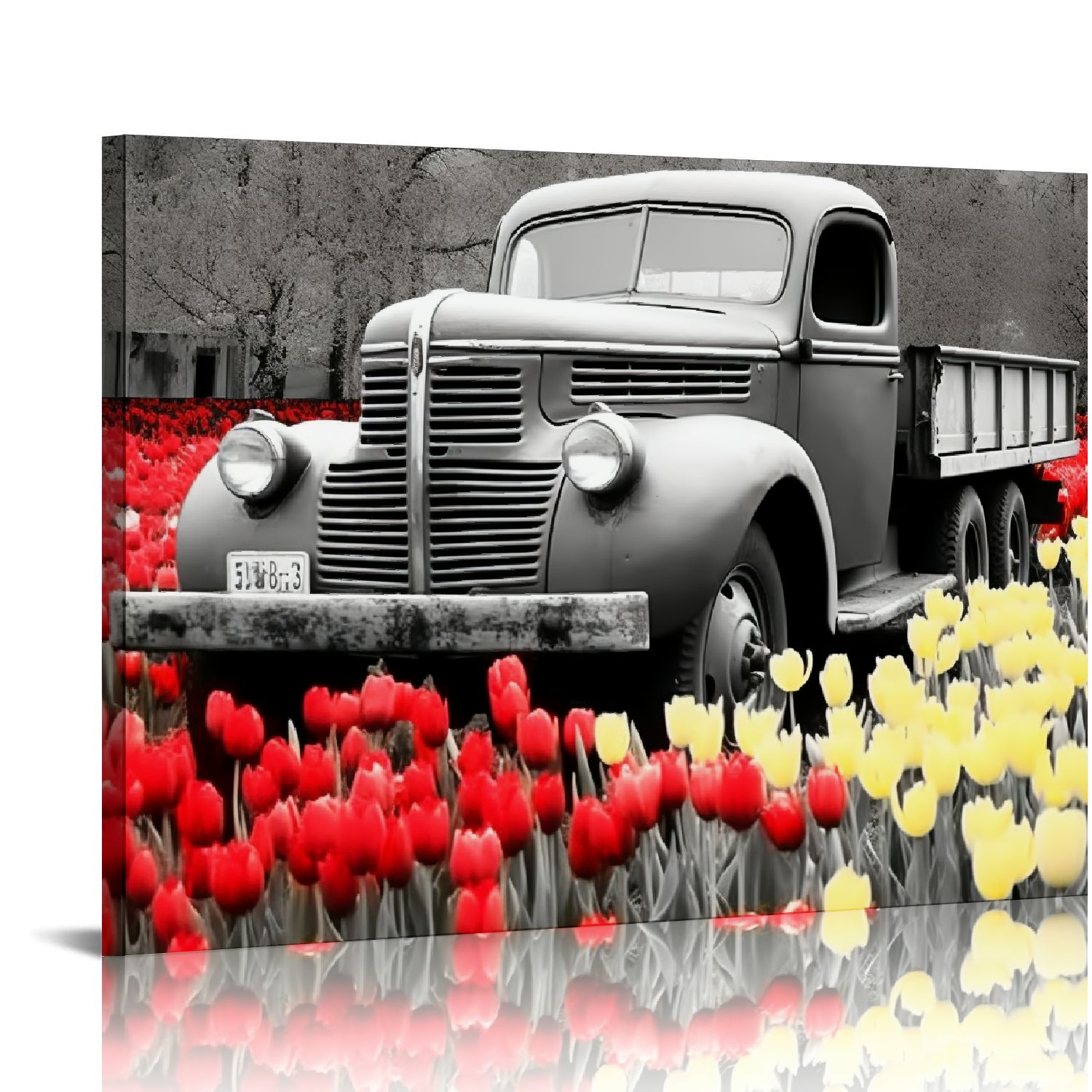 FLORID Rusty Truck Canvas Wall Art Vintage Car Pictures Red Tulip ...