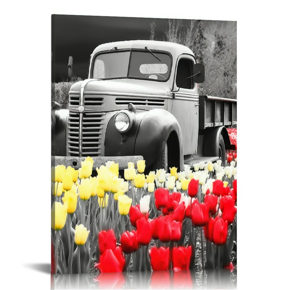 FLORID Wall Art Printed Truck Canvas Vintage Car Pictures Red Tulip ...