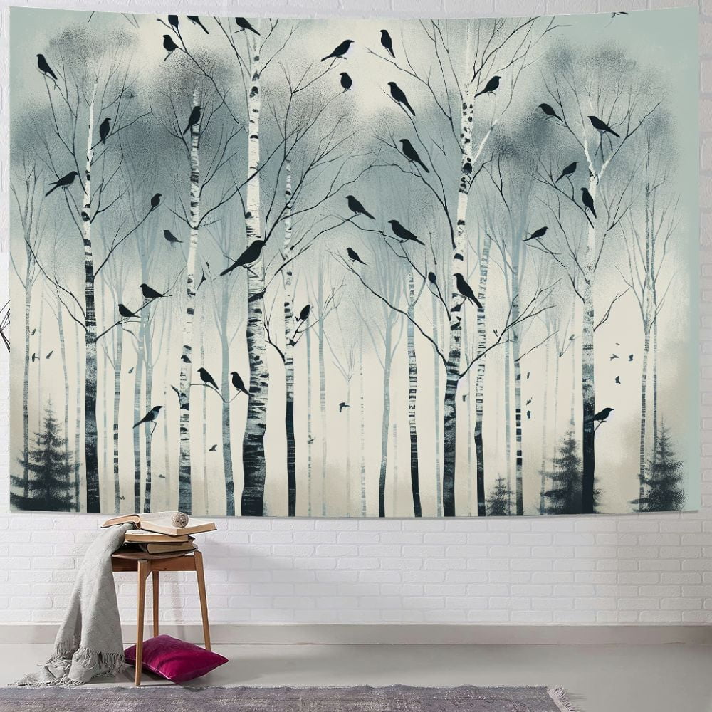 FLORID Wall Hanging Gold Bird Birch Tree Artwork White Birch at Night ...