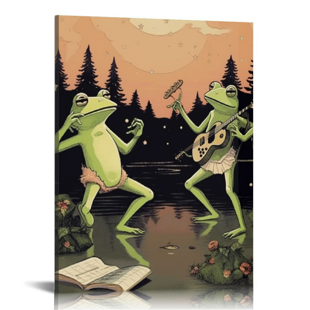 HYKY x Vintage Green Funny Frog Music Canvas Wall Art, Funky Cute ...