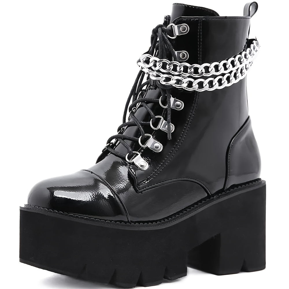 FLTHDD Fashion Chain Goth Platform Boots For Women Lace Up Chunky ...