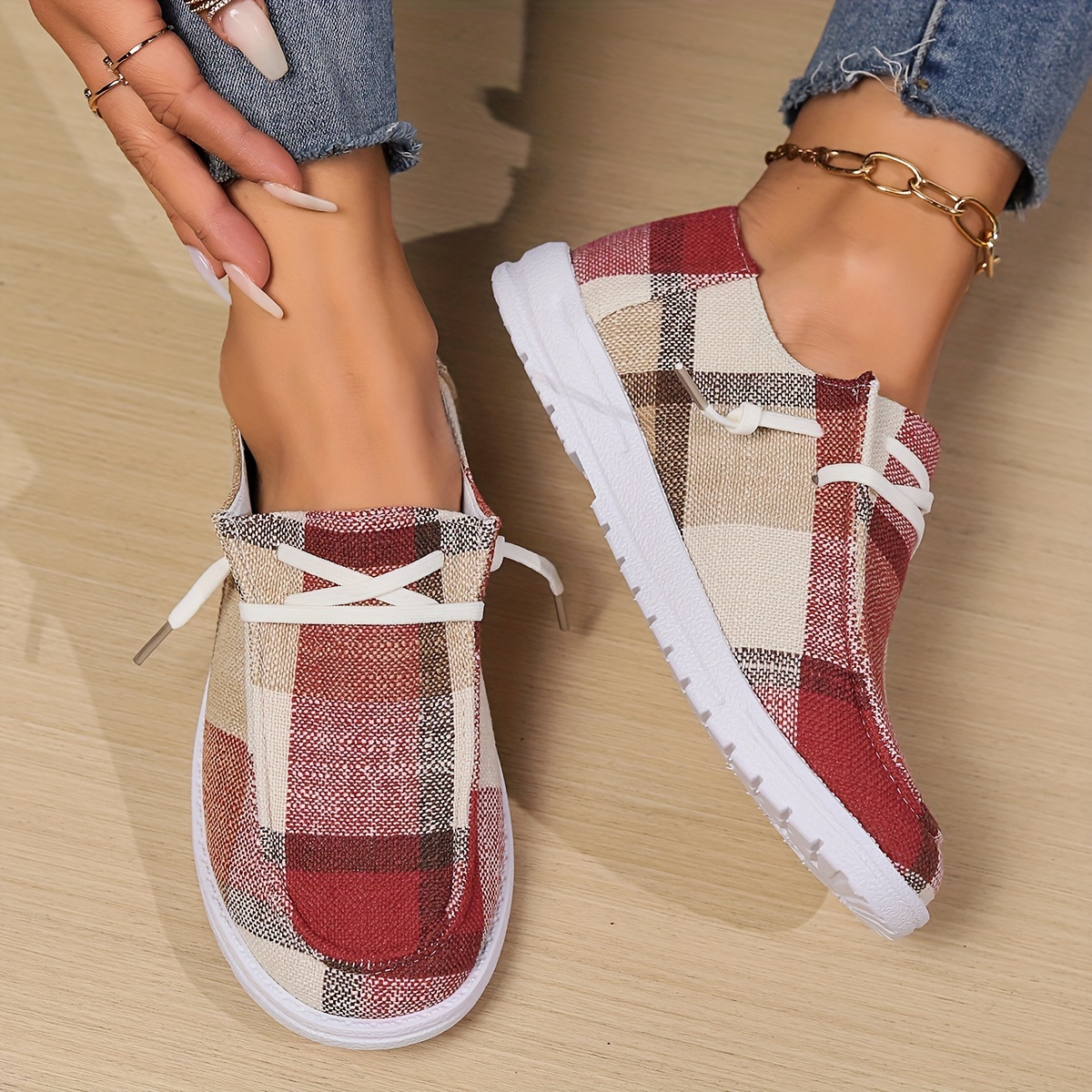 FLTHDD Lightweight Plaid Canvas Sneakers for Women - Casual Lace Up ...