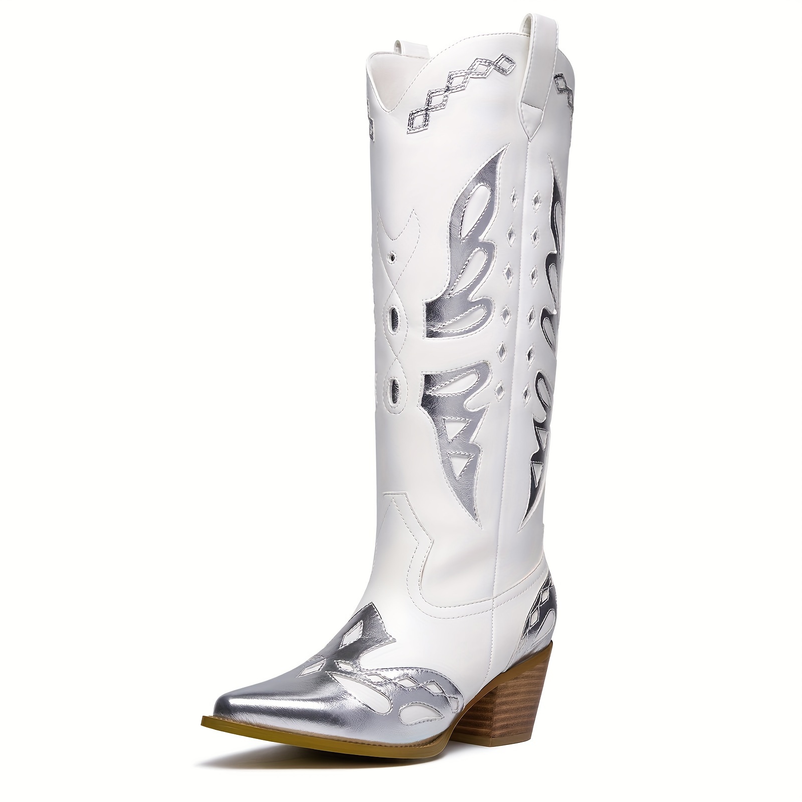 FLTHDD Silver Metallic Cowboy Boots Decorated Butterfly Knee High ...