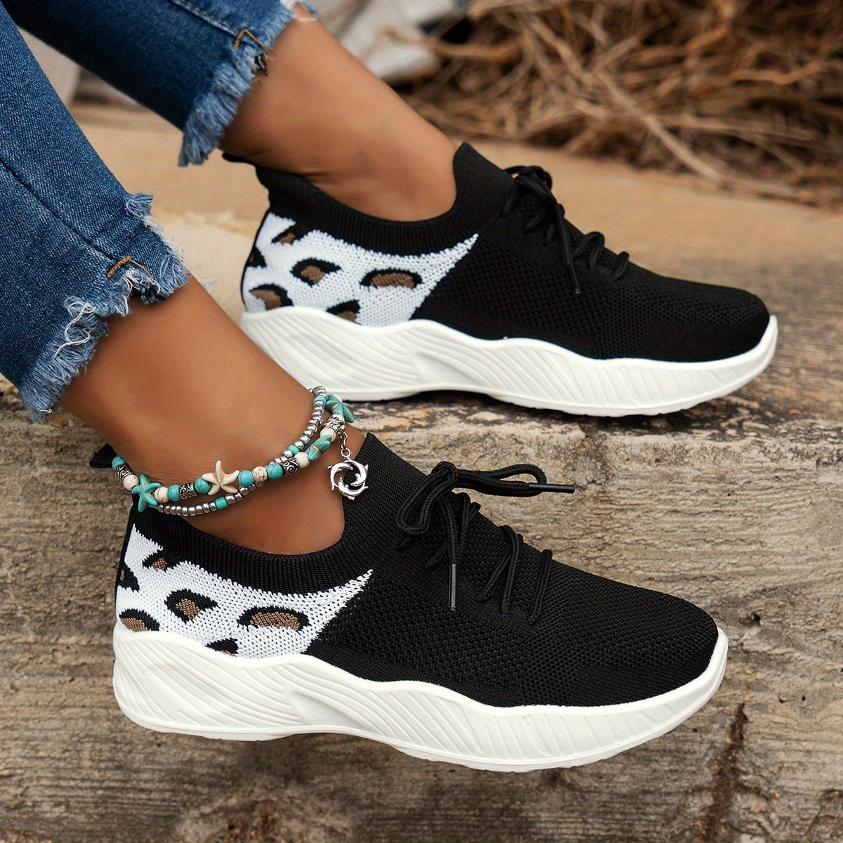 FLTHDD Women‘s Breathable Knitted Sneakers Casual Leopard Print Lace-Up ...