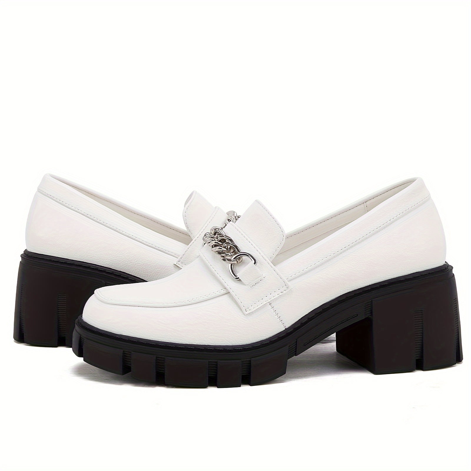 FLTHDD Women‘s Chunky Heel Loafers Women‘s Soft Sole Chain Loafers Low ...