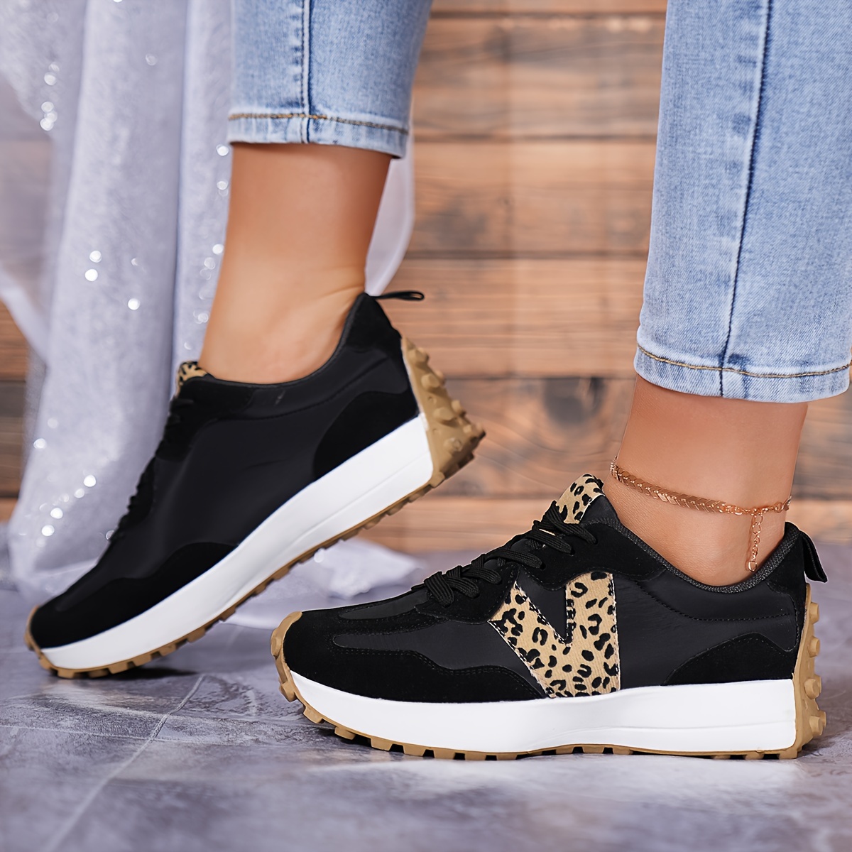 FLTHDD Women‘s Leopard Print Platform Sneakers Casual Lace Up Outdoor ...