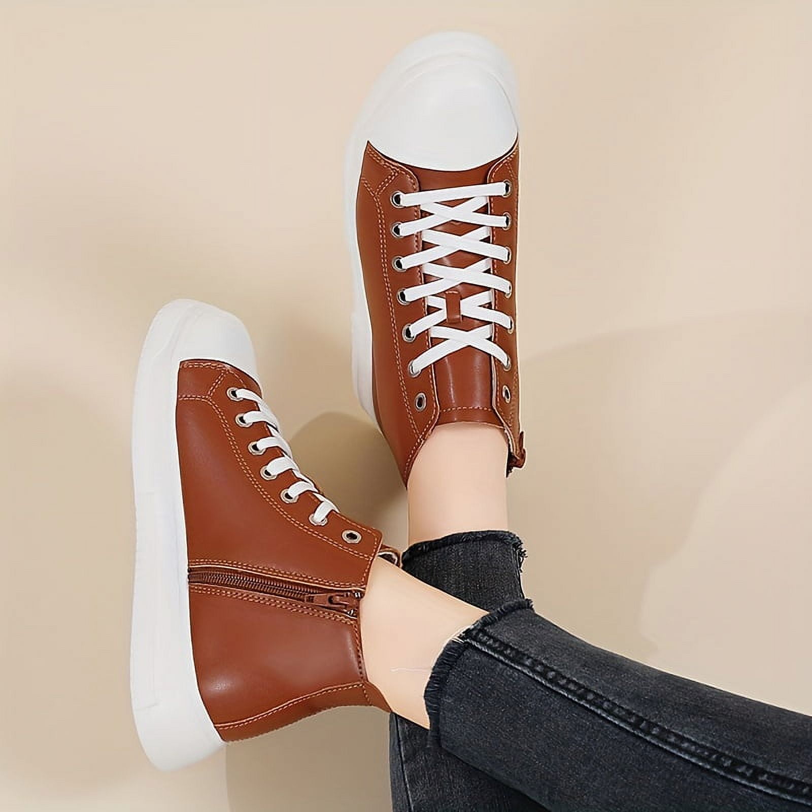 FLTHDD Women‘s Plush Lined Ankle Boots Casual Lace Up &side Zipper High ...