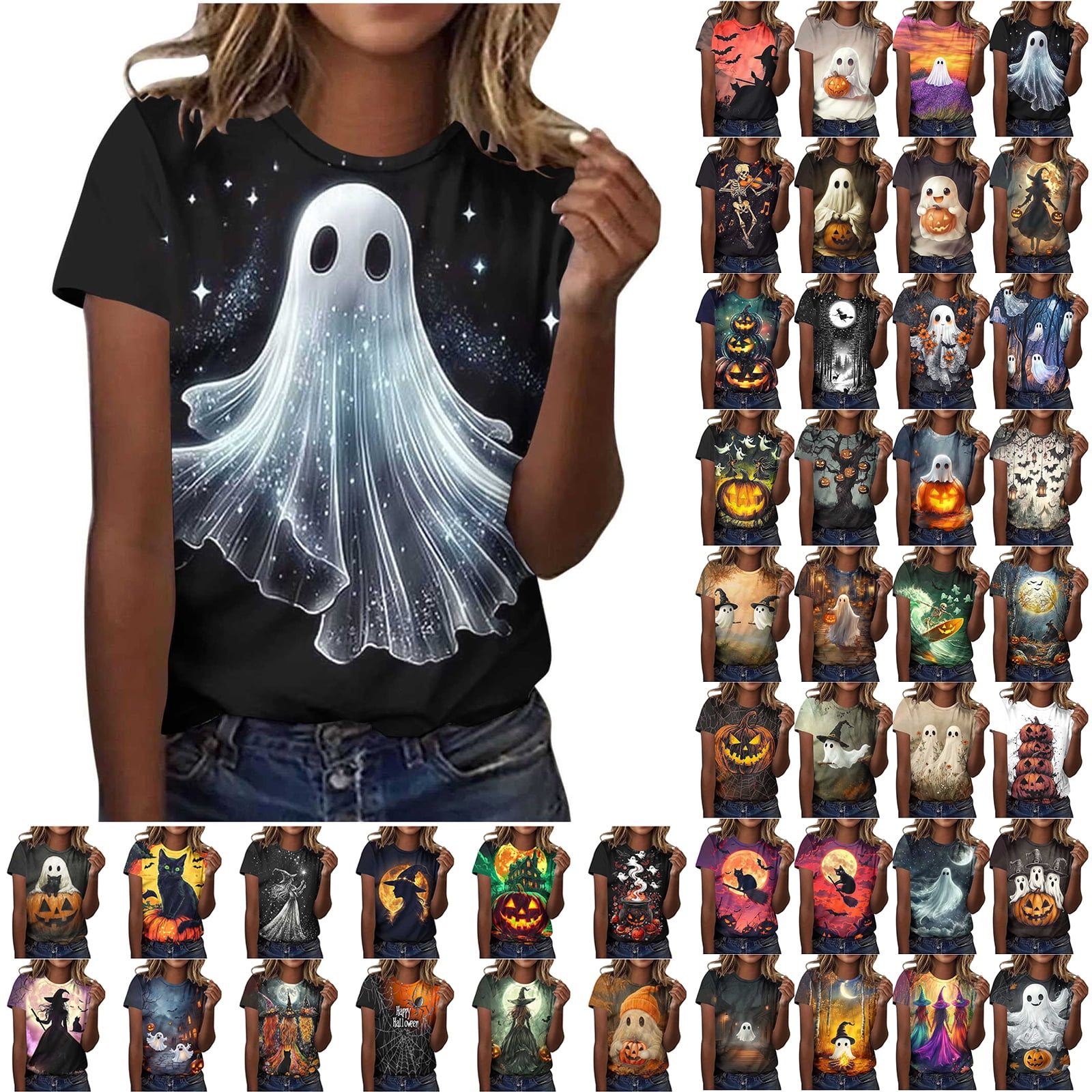 FLVPOV Plus Size Womens Halloween Tops Cute Ghost Pumpkin Witch Pattern ...