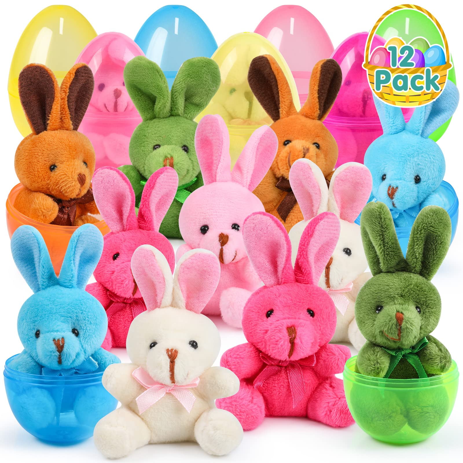 FLY2SKY 12 Packs Easter Egg Basket Stuffers Plush Bunny Plastic Easter ...