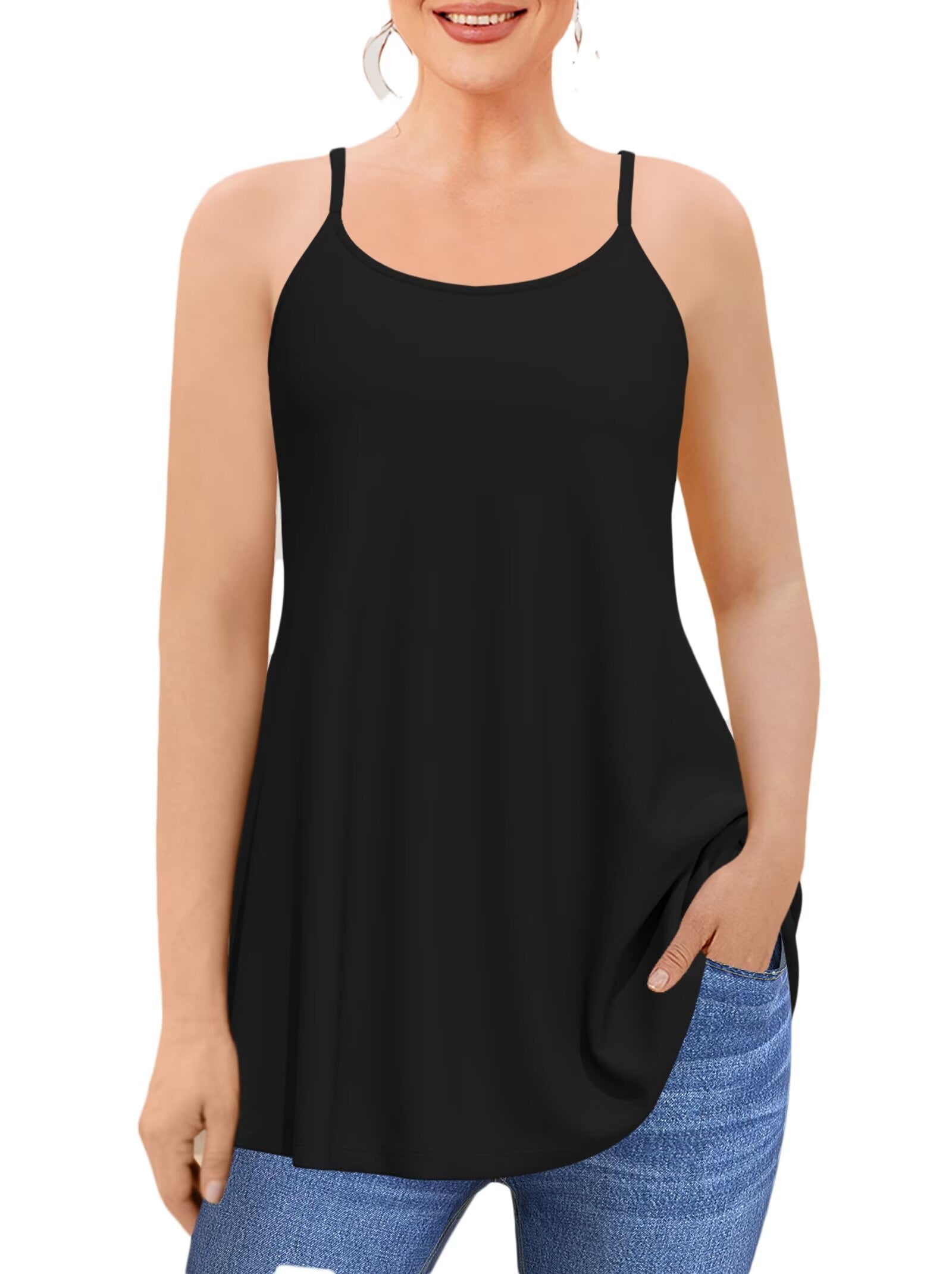 FLYCURVY Plus Size Cami with Built in Bra Women Tank Top Casual Solid ...