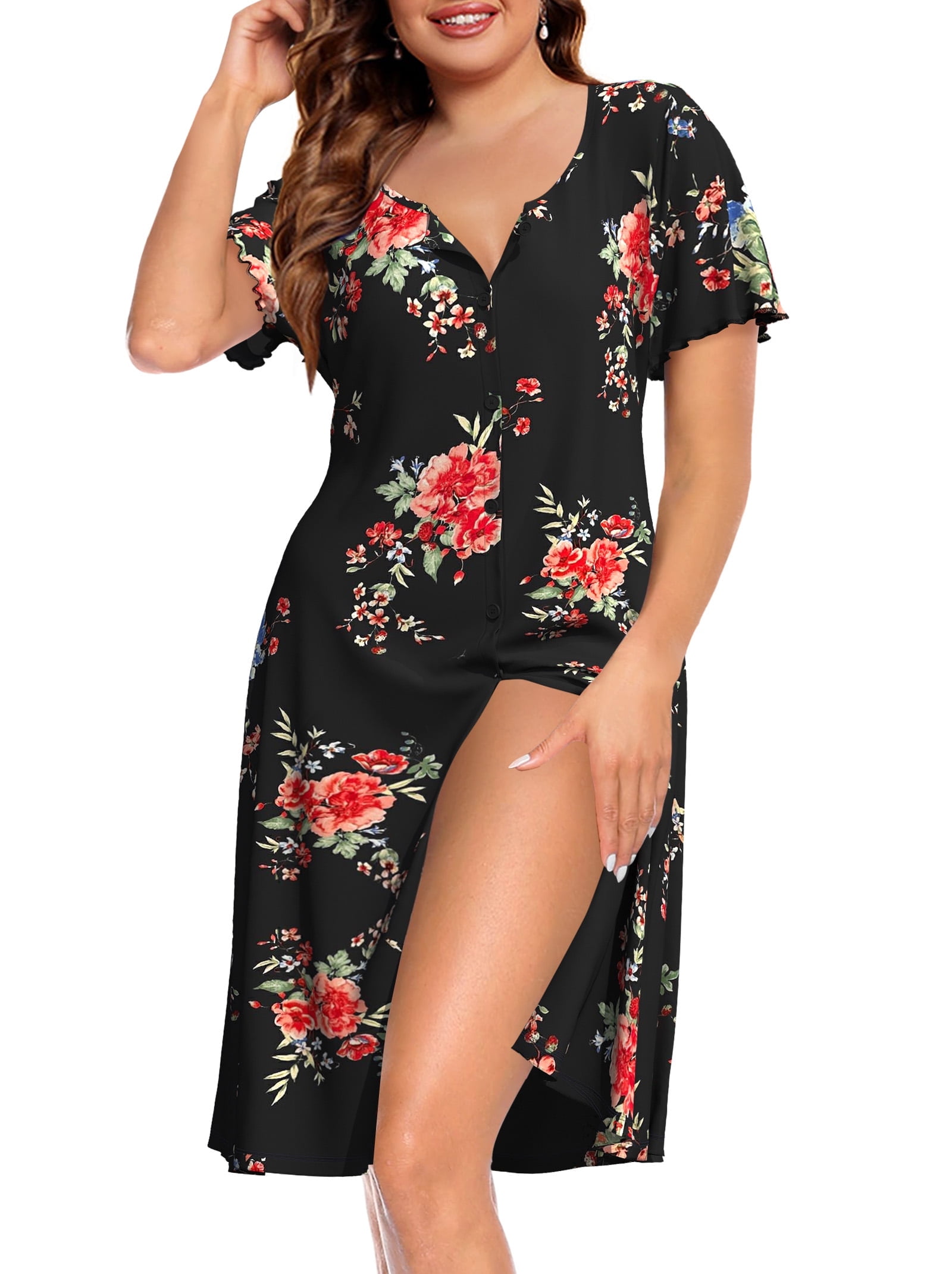 FLYCURVY Women's Nightgown Plus Size Short Sleeve Button Down V-Neck Sleepwear Pajama Dress ...