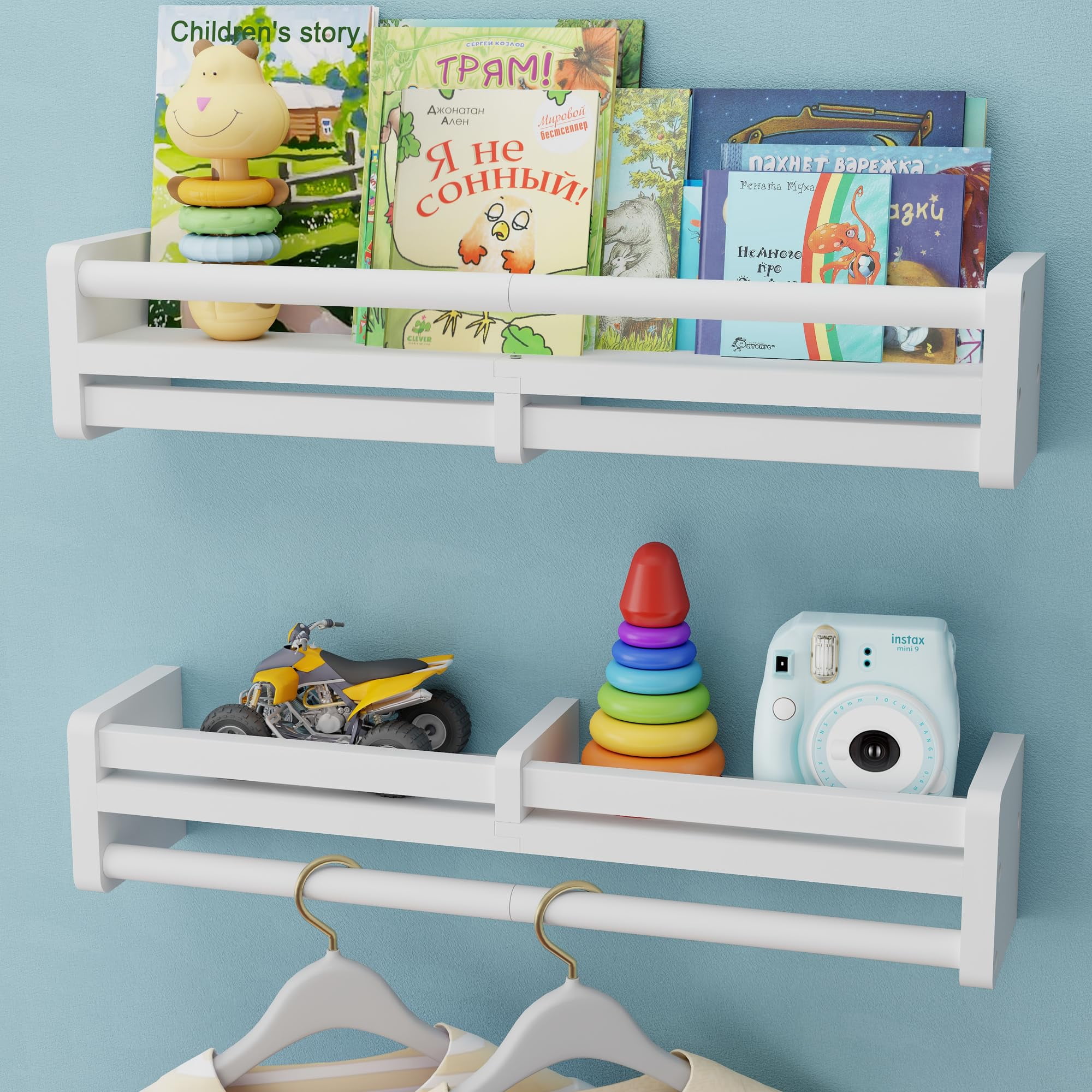 FLYJOE Nursery Floating Shelves with Hanging Rod, 24 Inch Kid's ...