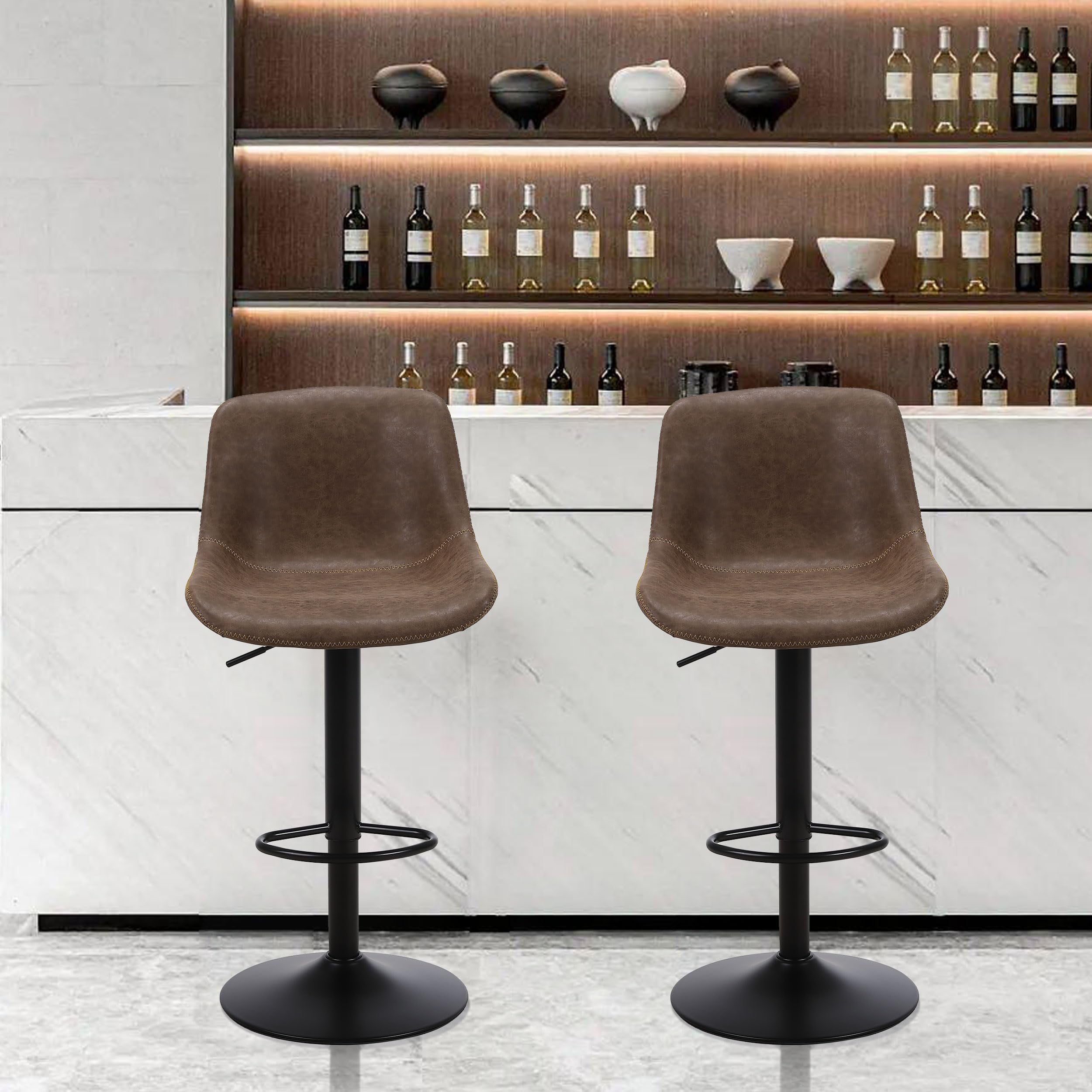 FLYSKY Bar Stools Set of 2 Back and Armrest Vintage Leather Modern Bar ...