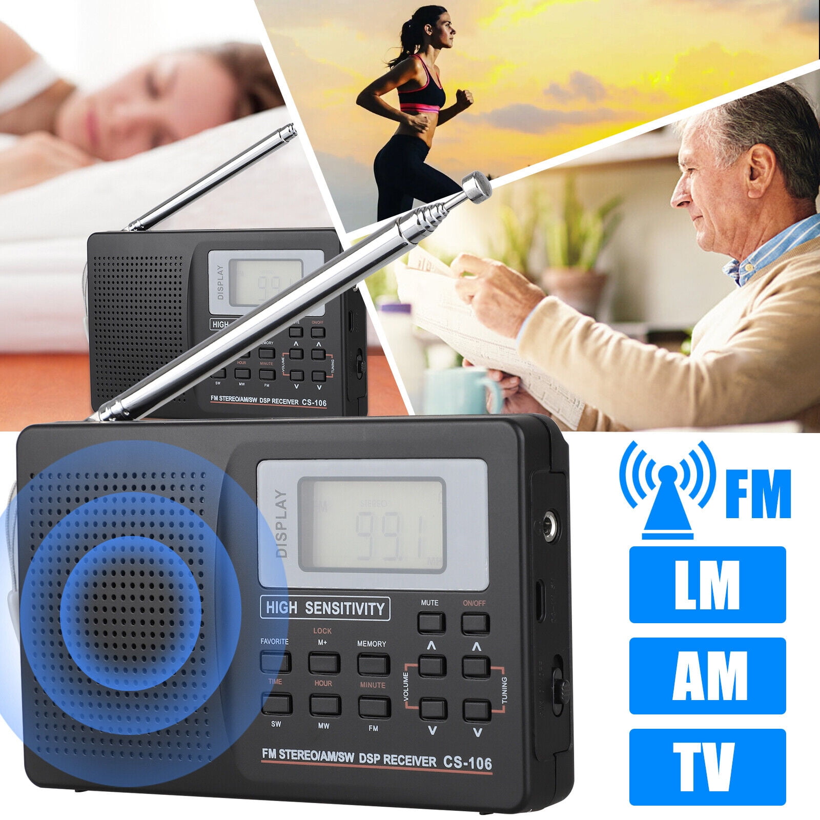 FM/AM/SW/LW/TV Digital Pocket Radio Portable Stereo Receiver Alarm ...