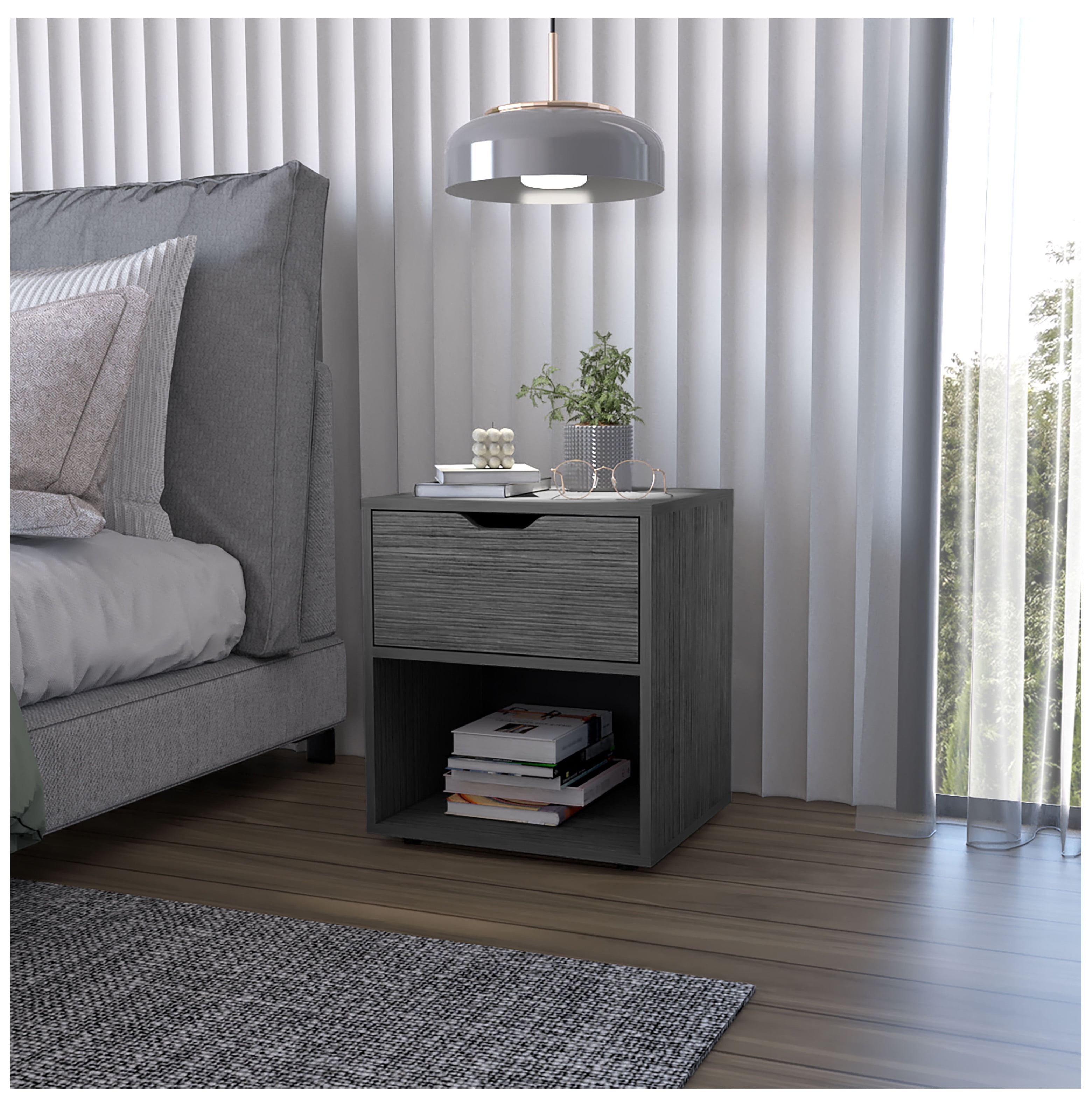 FM FURNITURE Elliott Nightstand with Drawer & Shelf, Light Gray ...