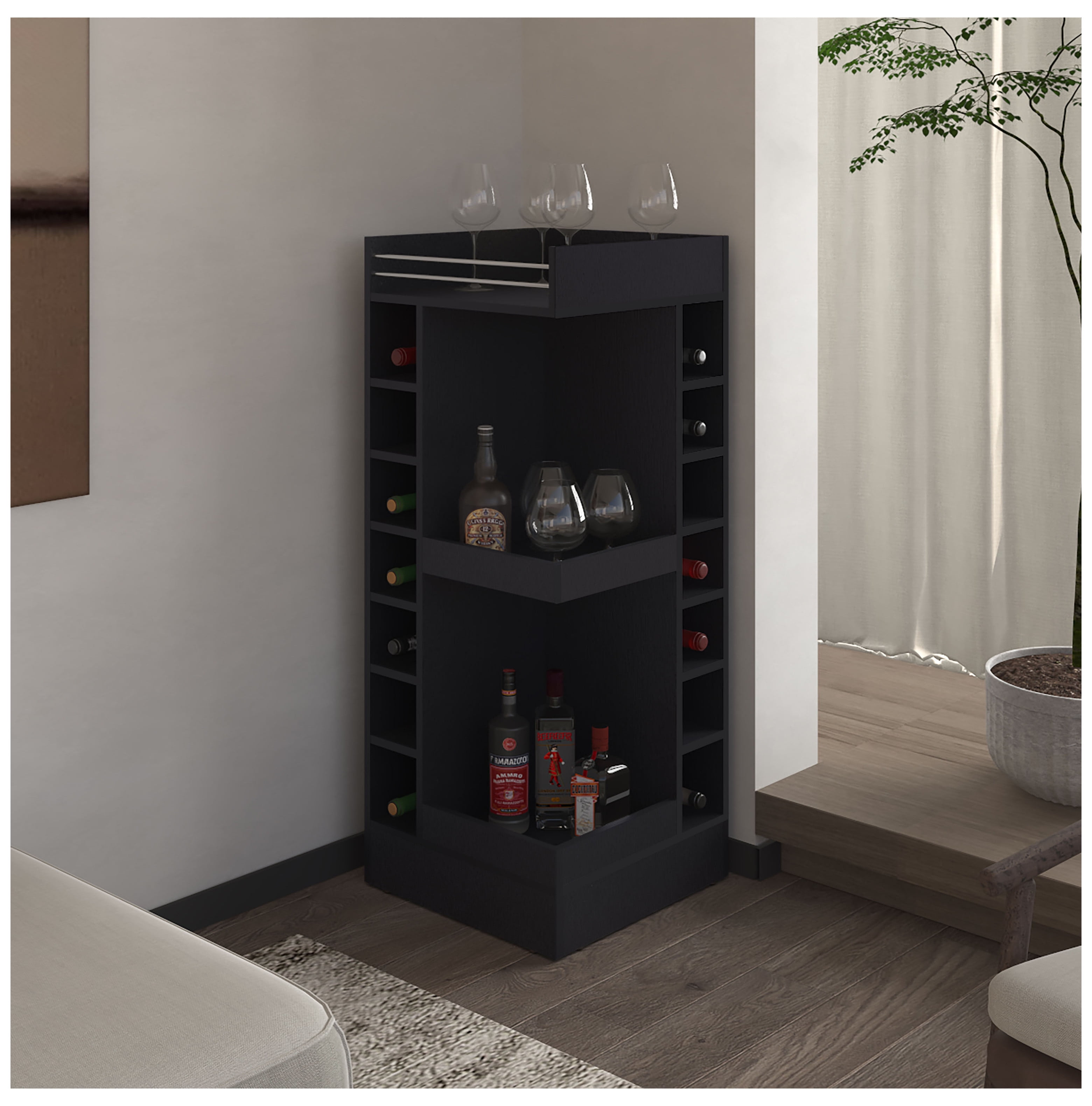 FM FURNITURE Lamer Corner Bar Cabinet with Wine Rack and Open Shelf ...
