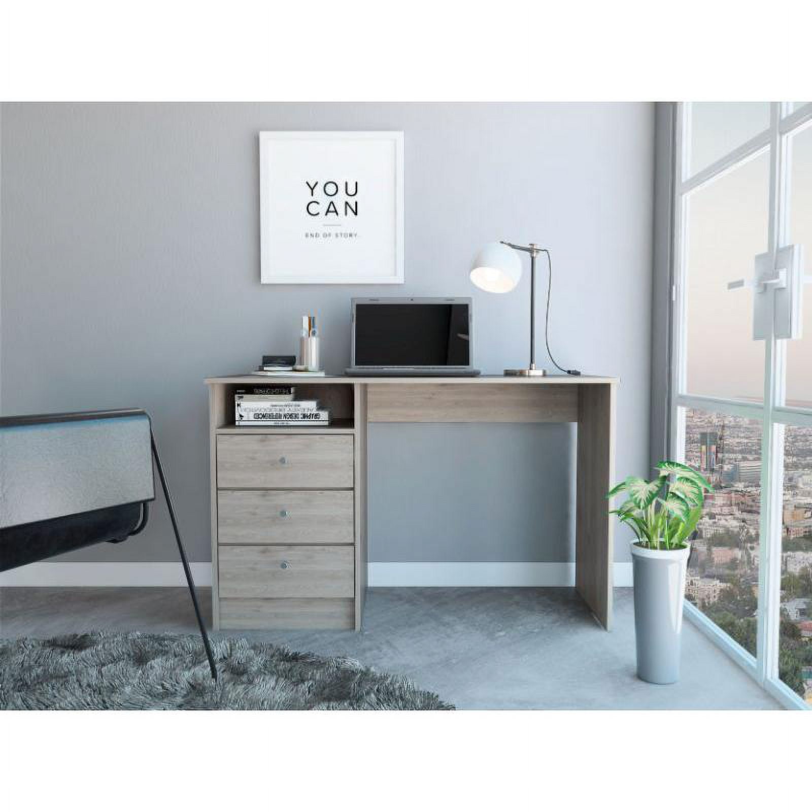 FM FURNITURE Naples Computer Desk Three Drawers Engineered Wood Gray ...