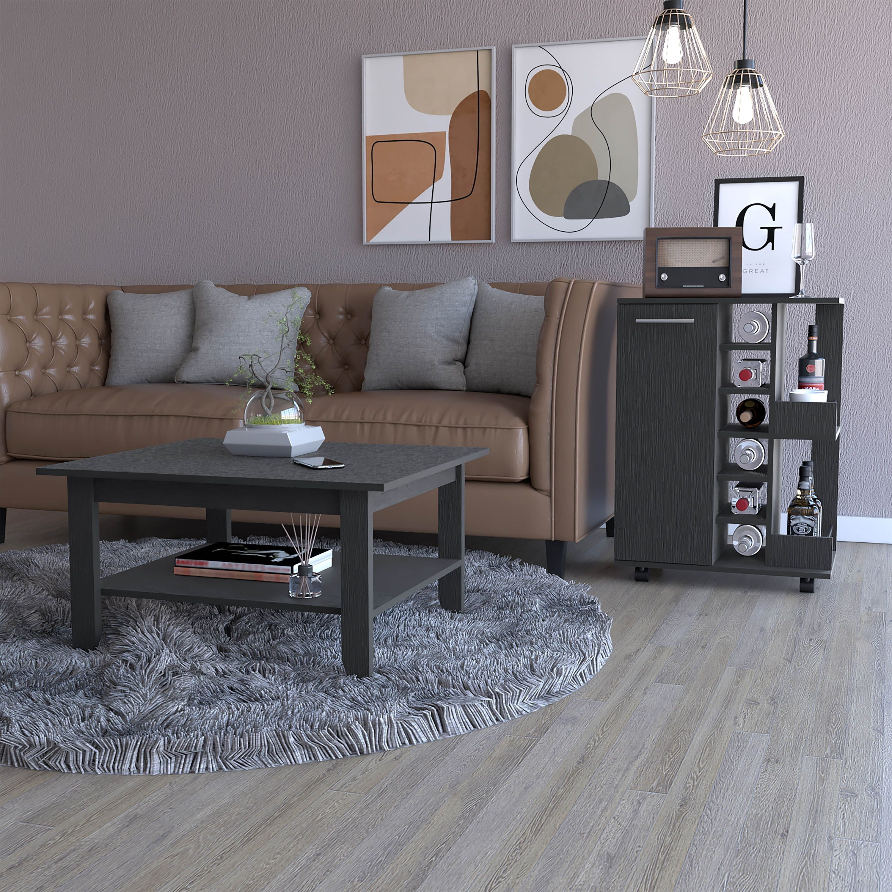 FM FURNITURE Payson 2 Piece Living Room Set Black Engineered Wood ...