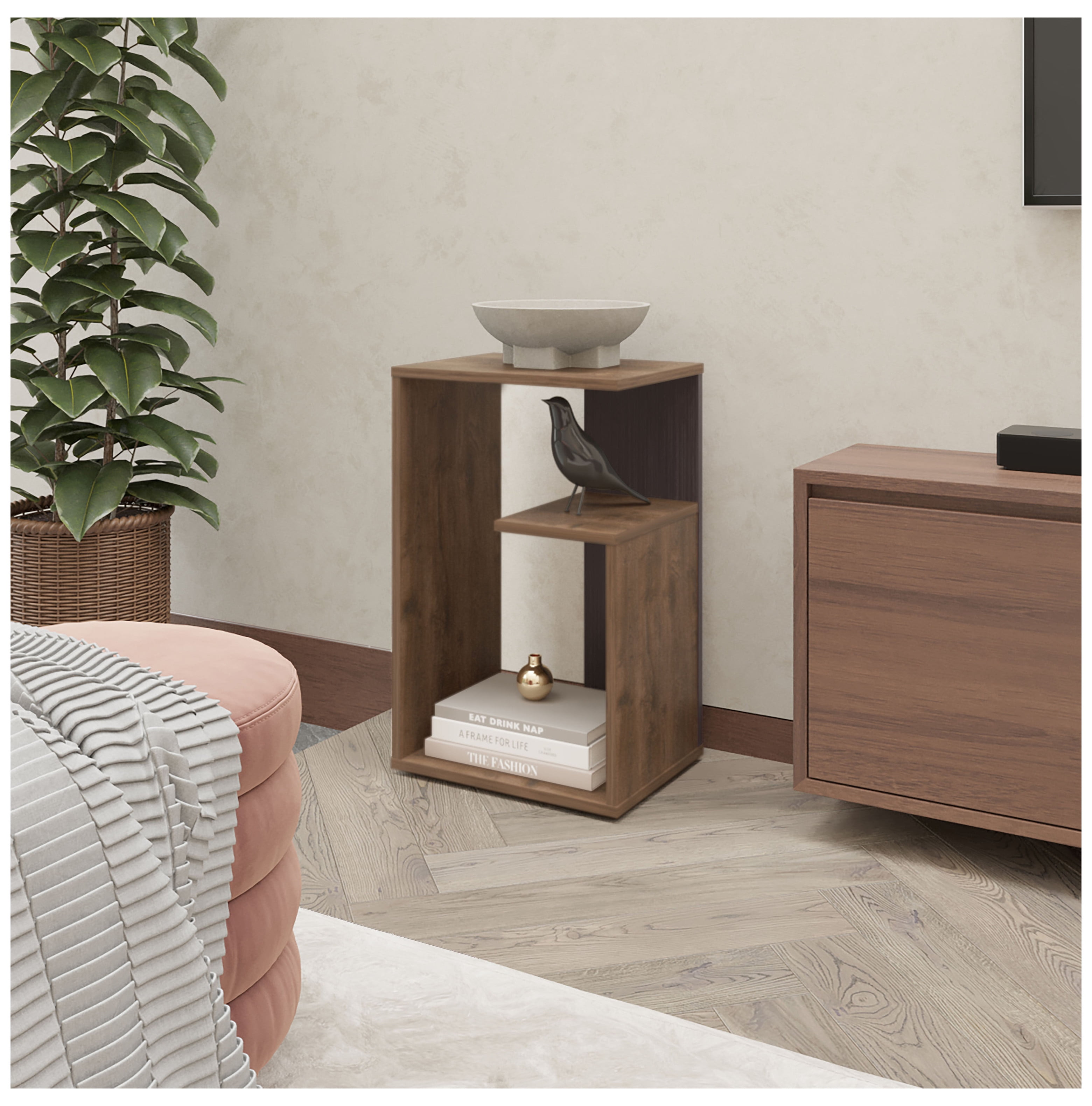 FM FURNITURE Side Table in Melamine with Open Storage, Dark Brown and ...
