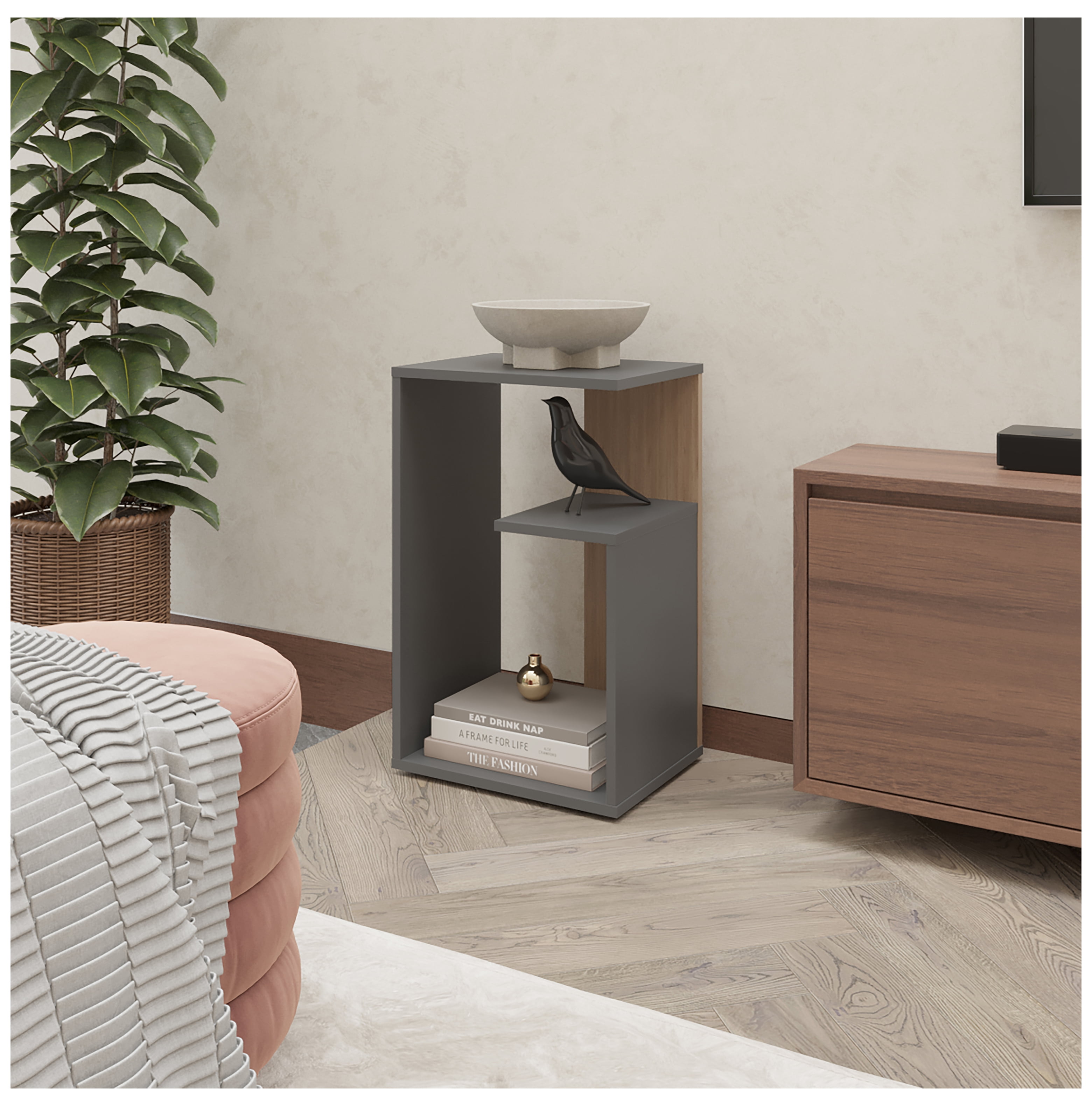 FM FURNITURE Side Table in Melamine with Open Storage, Matt Grey and ...