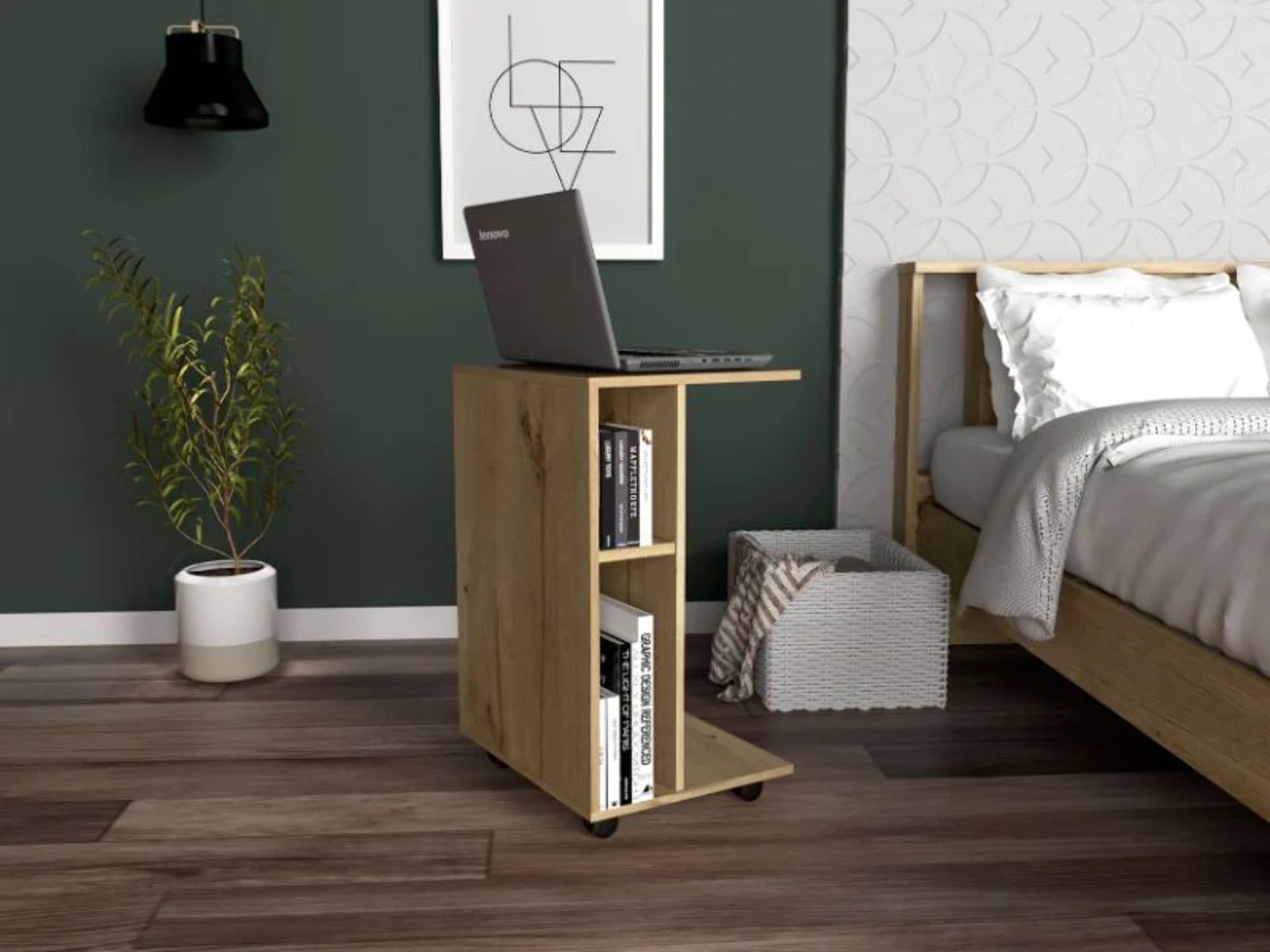 FM Furniture Bombay Wood Mobile Tray Table with 2 Lateral Shelves in ...