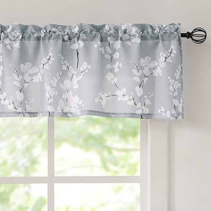FMFUNCTEX Gray-White Kitchen Valance Curtain 15-inches Length Blossom ...