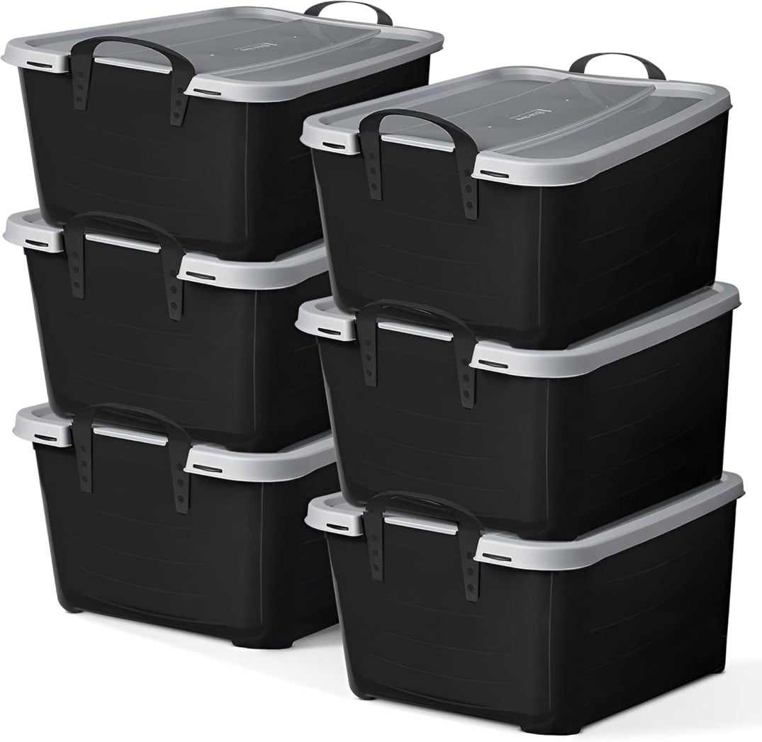 FMLP 6-Pack Plastic Storage Bins with Lids, Black & Gray, 55 Quart ...