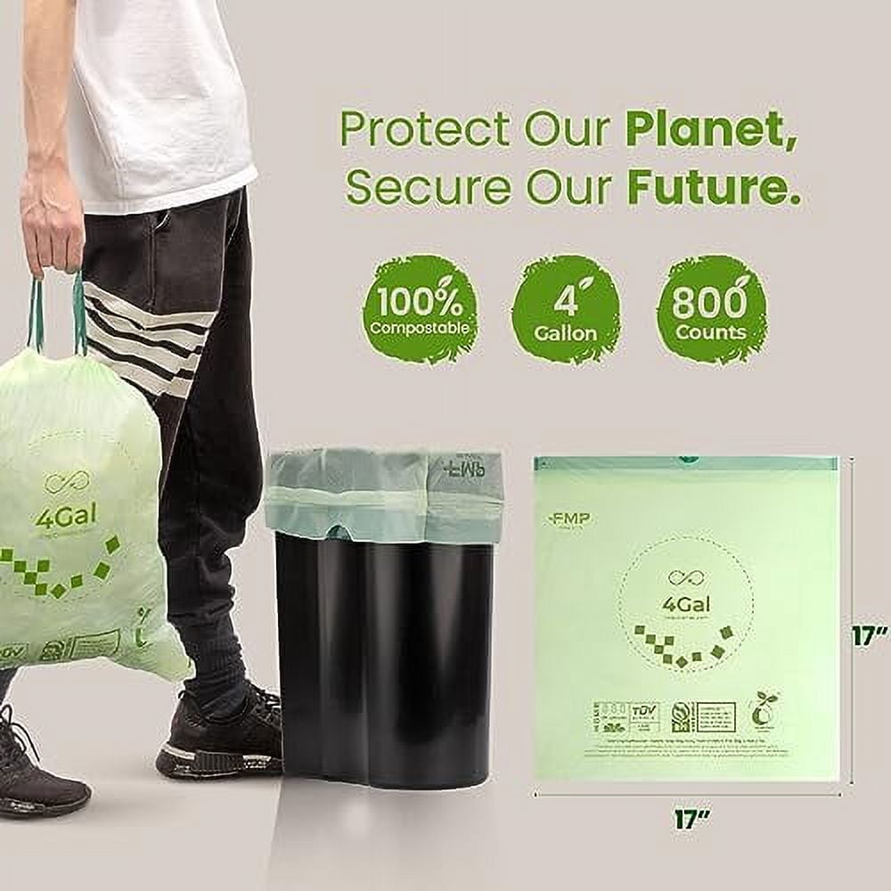 FMP 800 Count 4 Gallon 100% Compostable Trash Bags with Drawstring ...