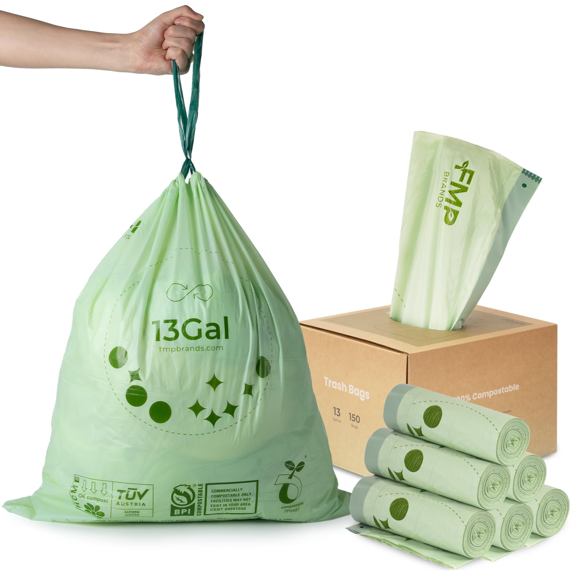 FMP Brands 150 Count 13 Gallon Compostable Trash Drawstring Bags, Extra ...