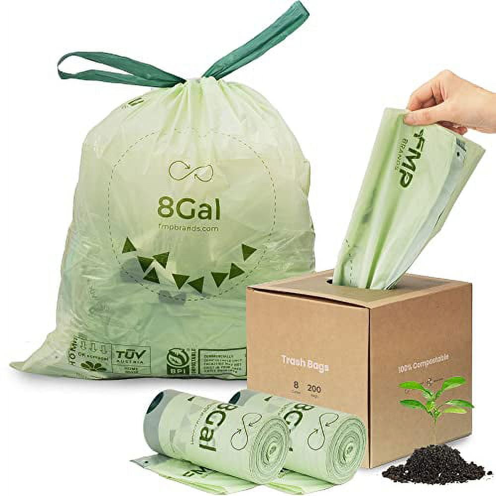 FMP Brands 200 Count 8 Gallon Compostable Drawstring Trash Bags, Extra ...