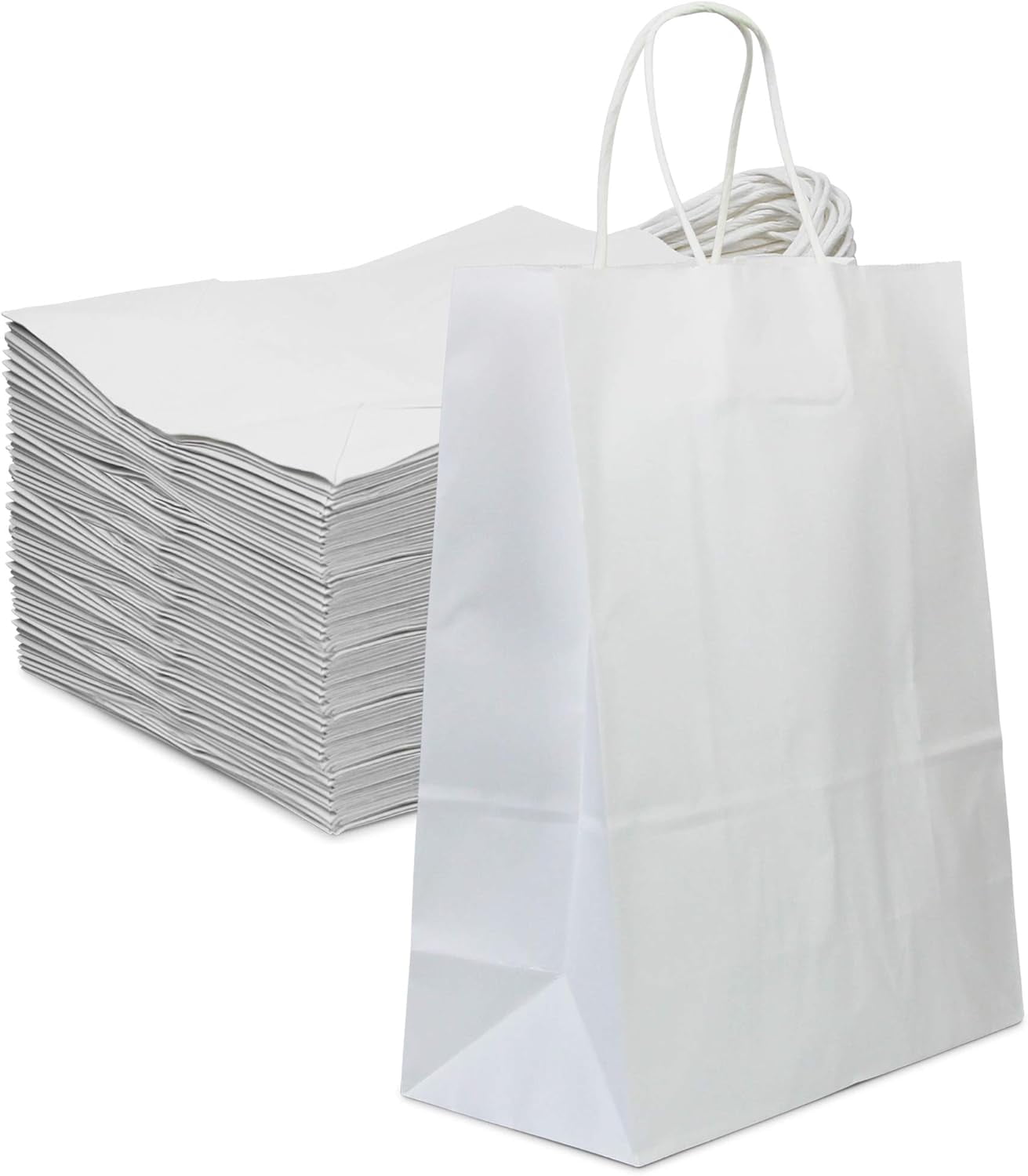 FMP Brands 250 Pack White Paper Bags with Handles 13 x 10 x 5Inch 12 LB Twisted Rope Retail ...