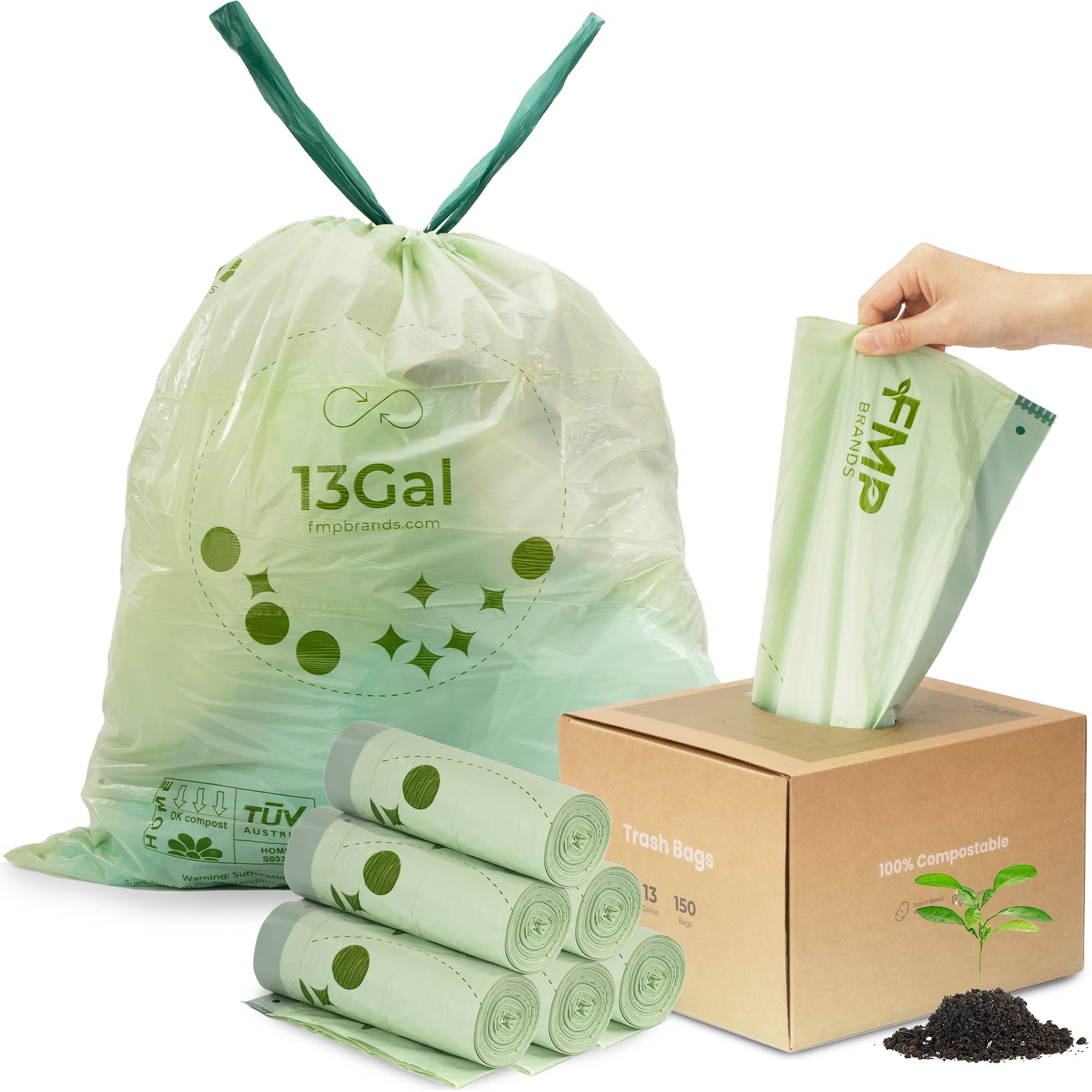 FMP Brands 300 Count 13 Gallon Compostable Trash Drawstring Bags, Extra ...