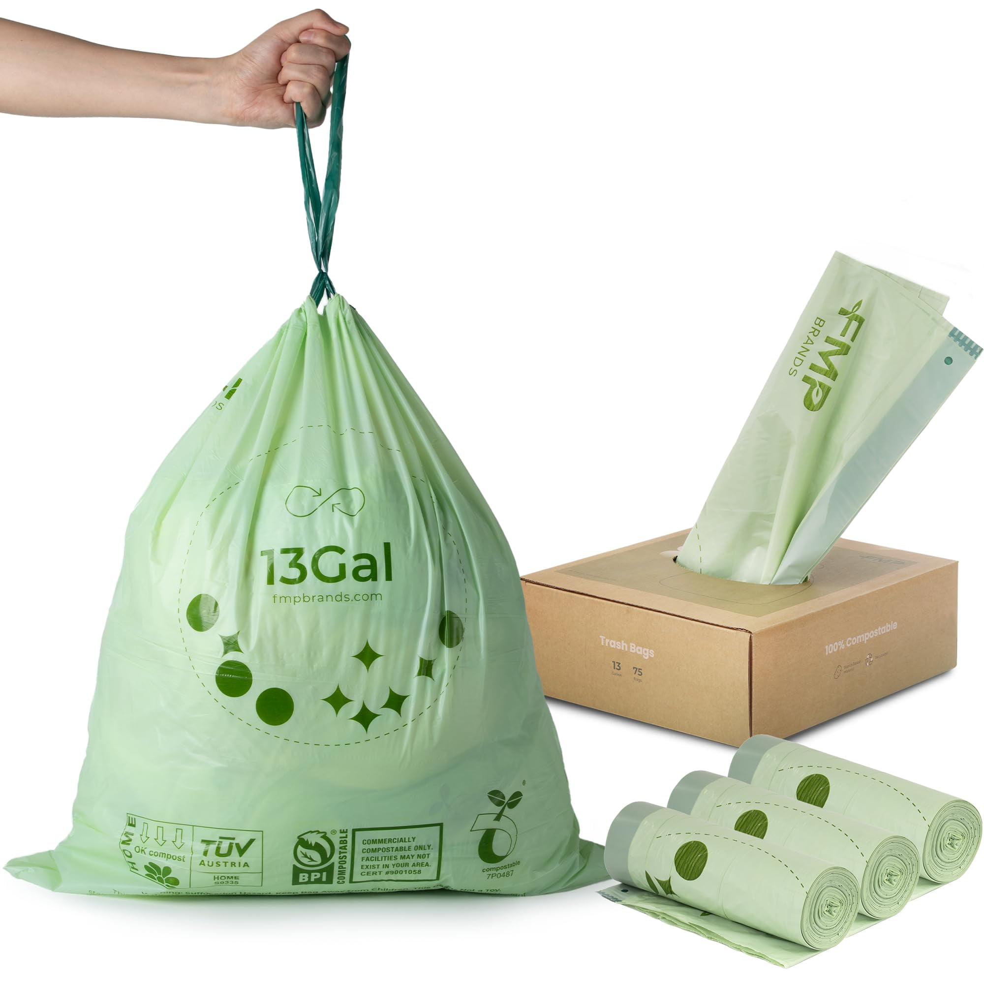 FMP Brands 75 Count 13 Gallon Compostable Trash Drawstring Bags, Extra ...