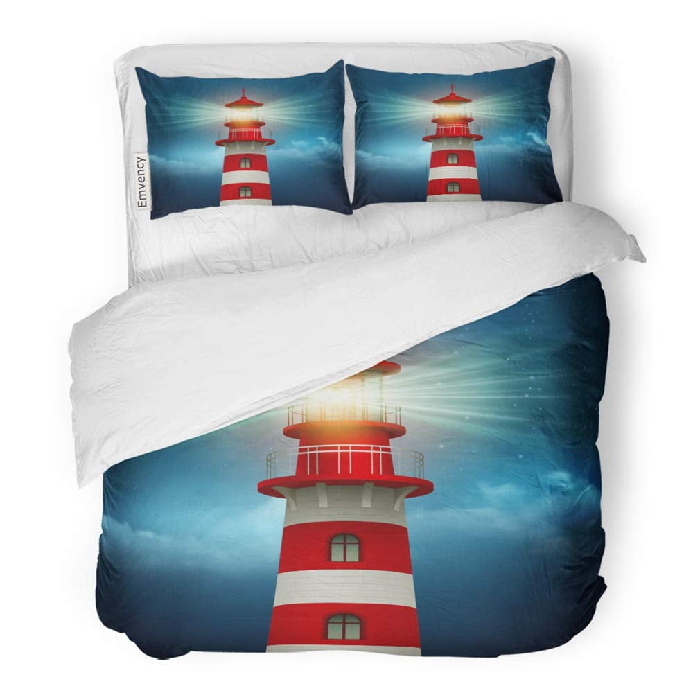 FMSHPON 3 Piece Bedding Set Blue Light Realistic Lighthouse in The ...