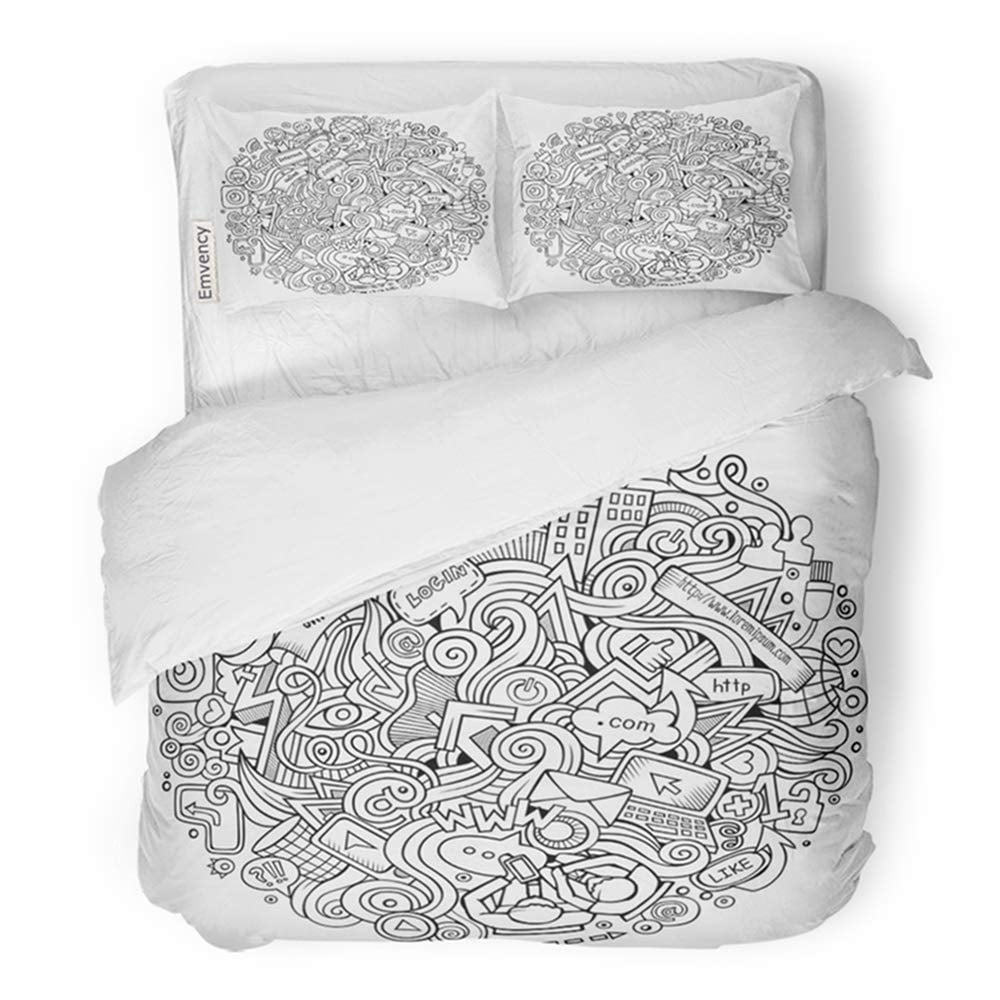 FMSHPON 3 Piece Bedding Set Cartoon Cute Doodles Social Media Line Detailed Lots Funny Sketchy ...