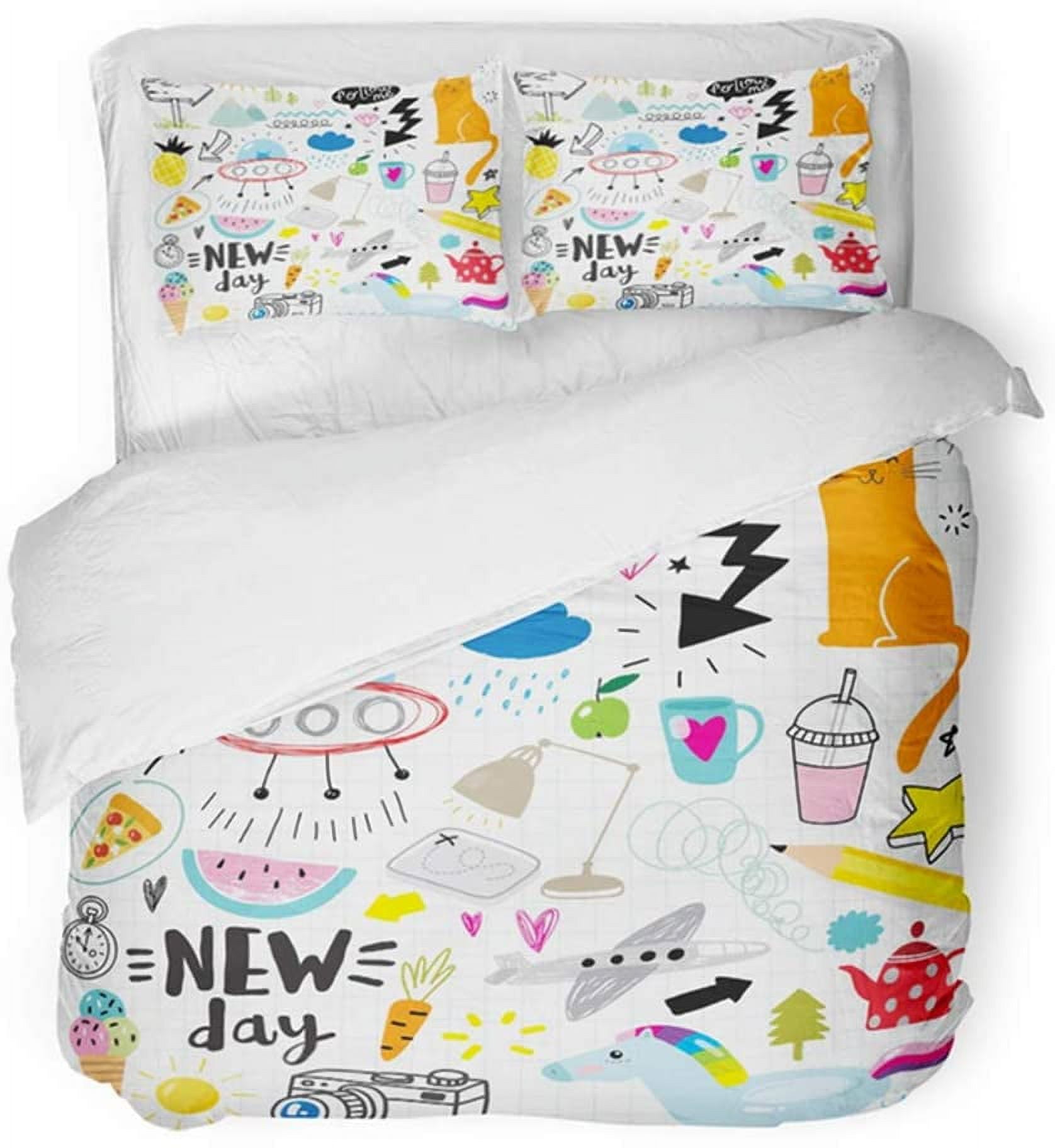 FMSHPON 3 Piece Bedding Set Colorful Kid Cute Doodle with and Design ...