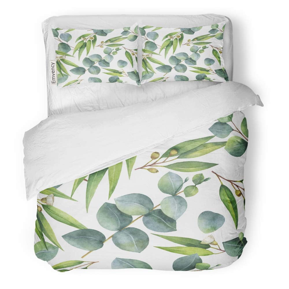 FMSHPON 3 Piece Bedding Set Green Leaf Watercolor with Eucalyptus ...