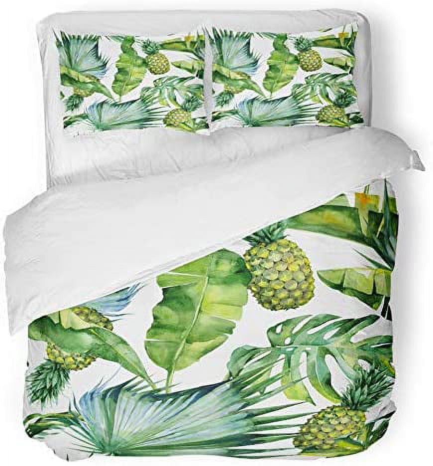 FMSHPON 3 Piece Bedding Set Green Watercolor of Tropical Leaves and Pineapple Dense Jungle with ...