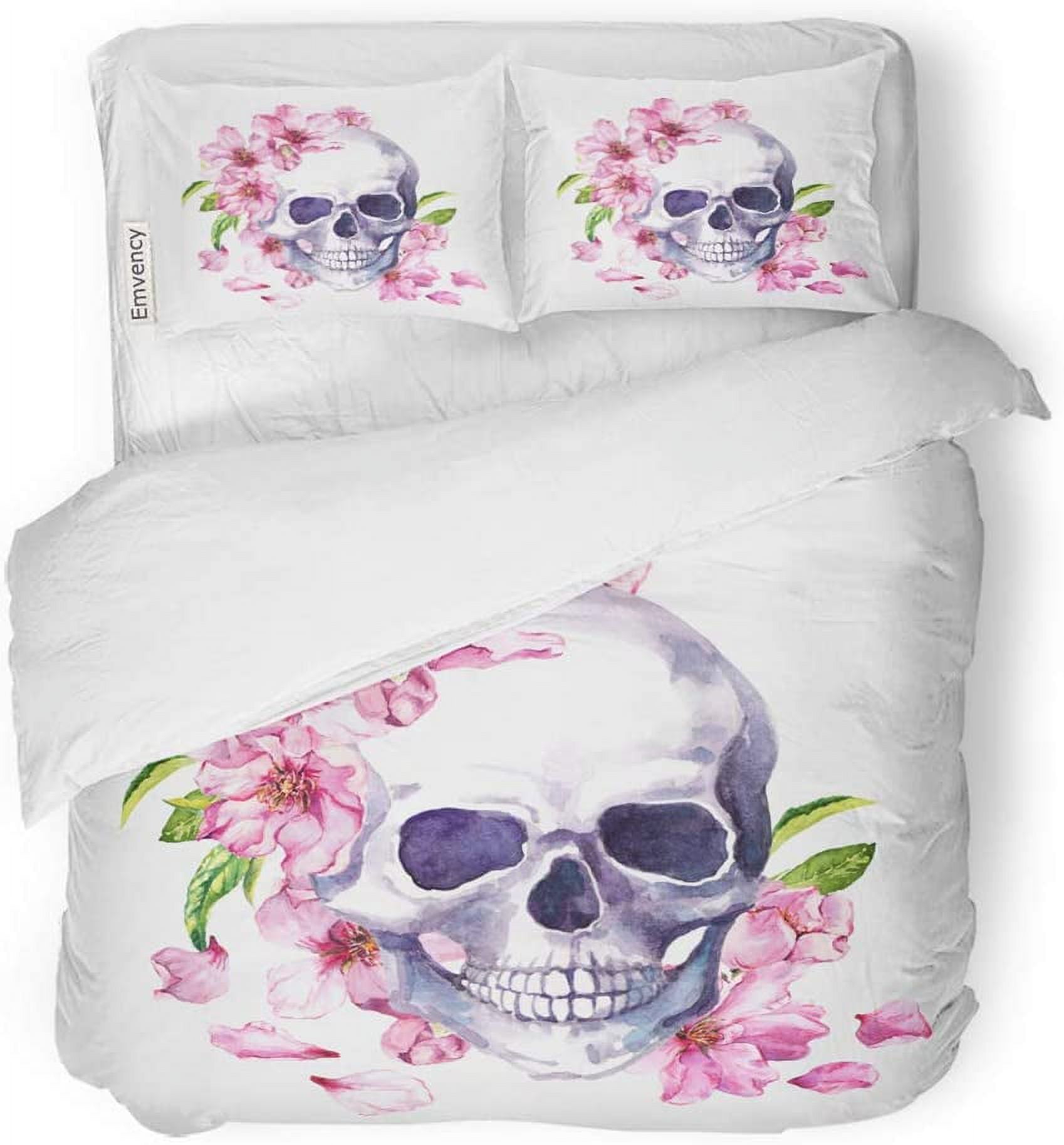 FMSHPON 3 Piece Bedding Set Human Skull in Pink Cherry Blossom Spring ...