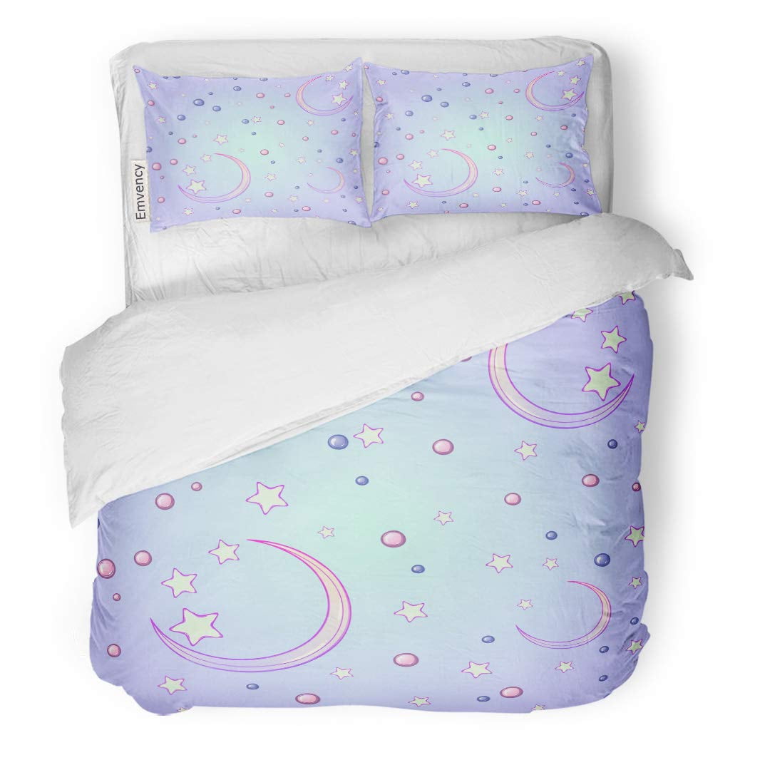 FMSHPON 3 Piece Bedding Set Kawaii Cartoon Night Sky Stars and Moon Crescent Festive Twin Size ...